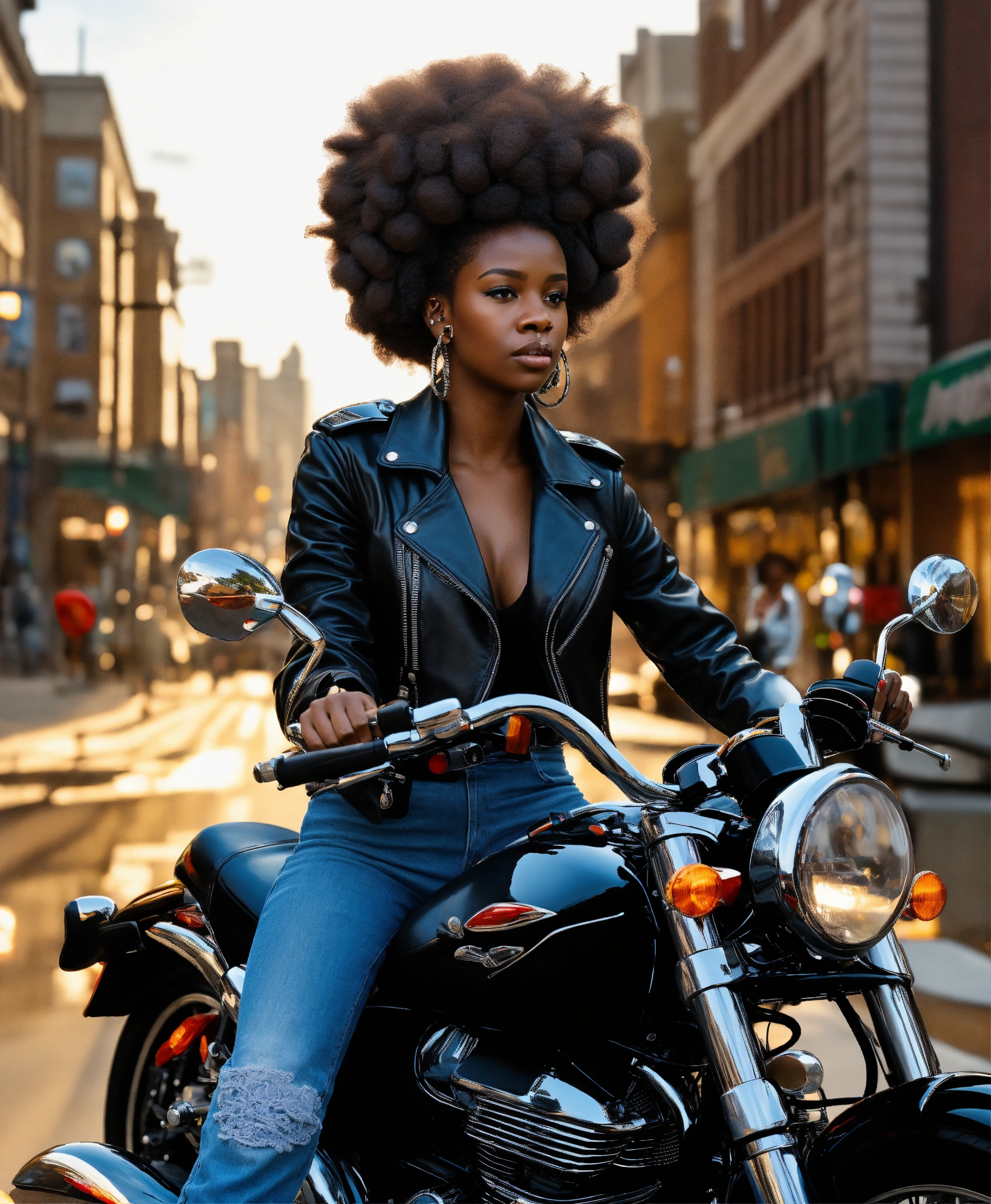 Lexica - Black woman with afro puffs riding motorcycle in the city ...