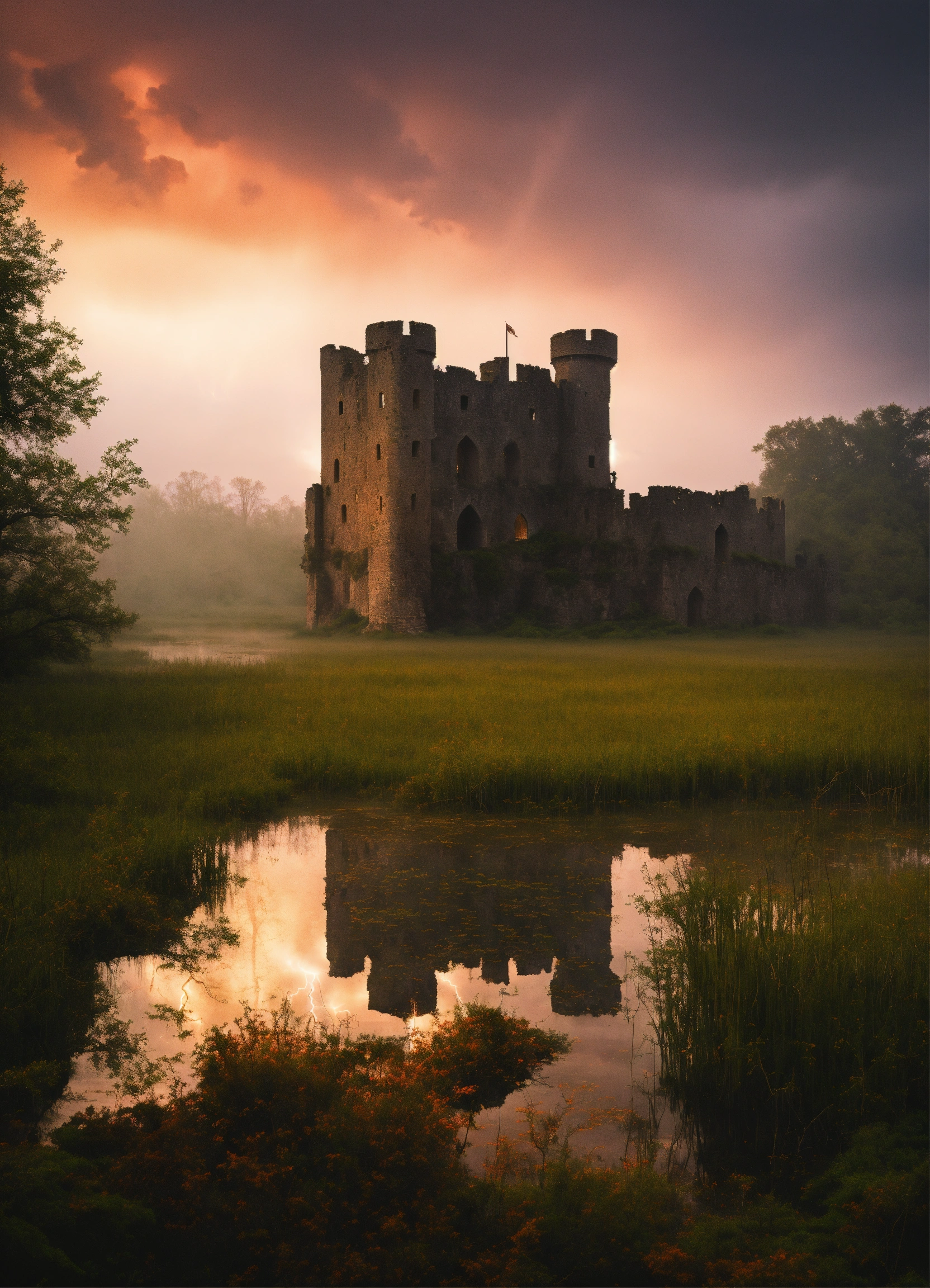 Lexica - Ruin of a stone castle in the middle of a foggy swamp ...