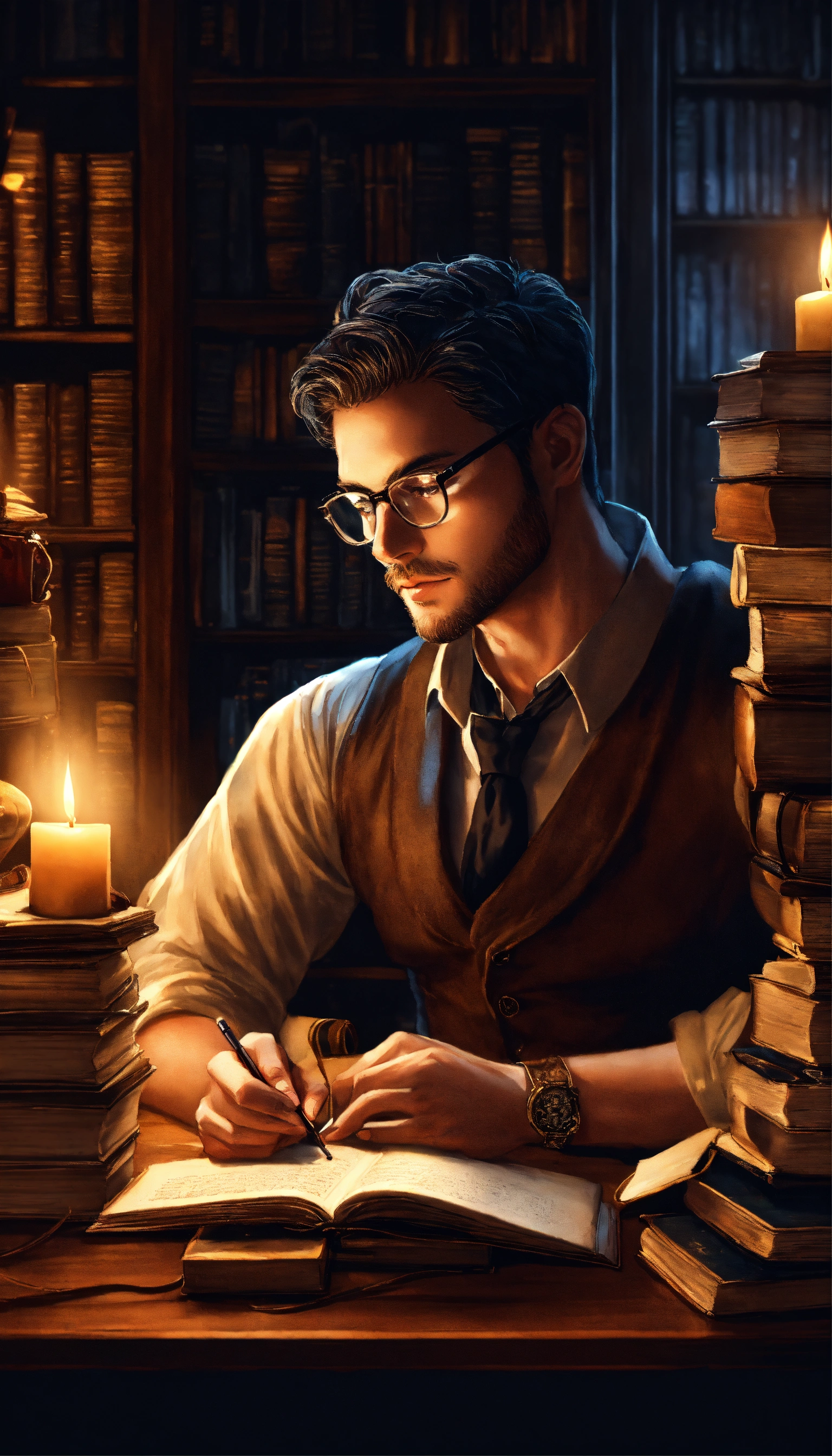 Lexica - A handsome male writer, with depression, wearing glasses, in a ...