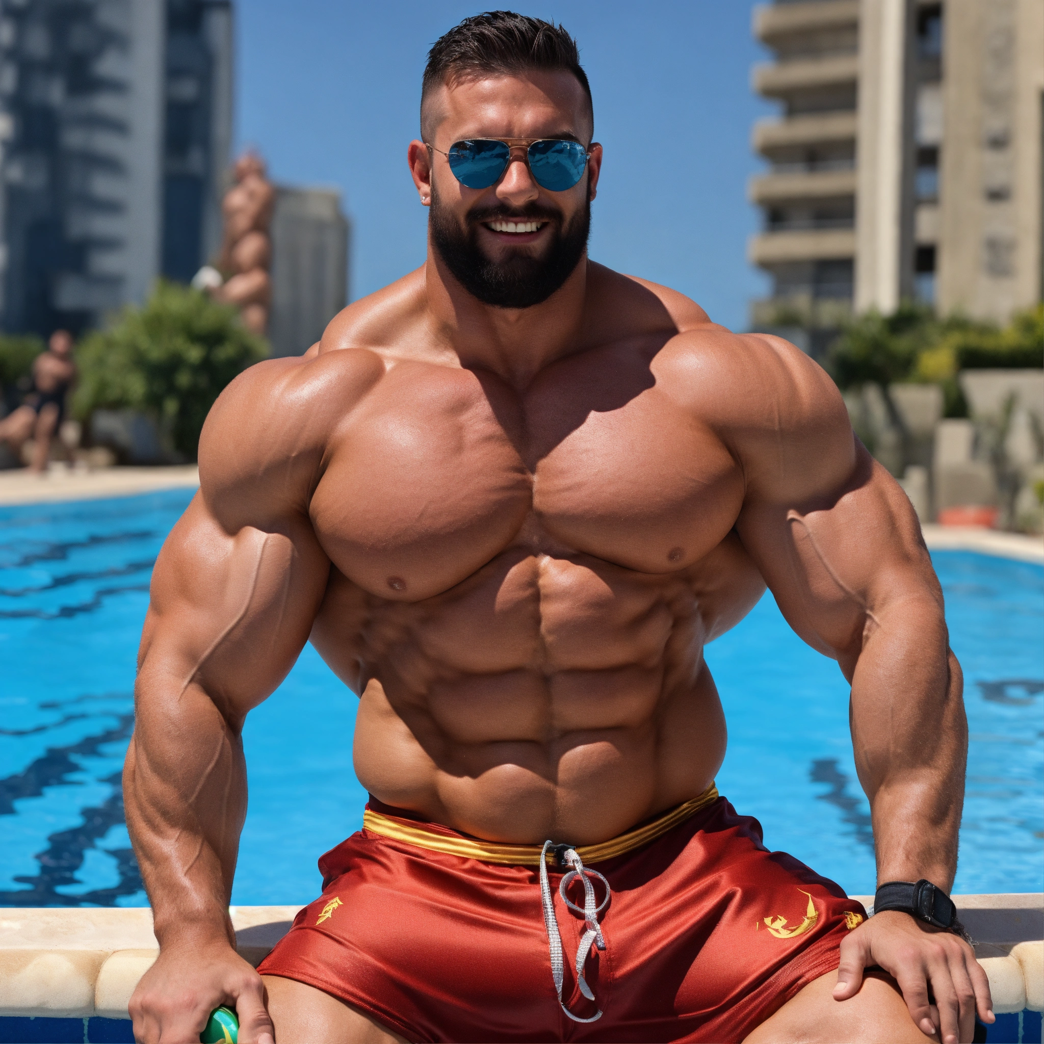 Lexica - 30-year-old man with big muscles, big bodybuilder, body like a wrestler, in a pool, Spanish