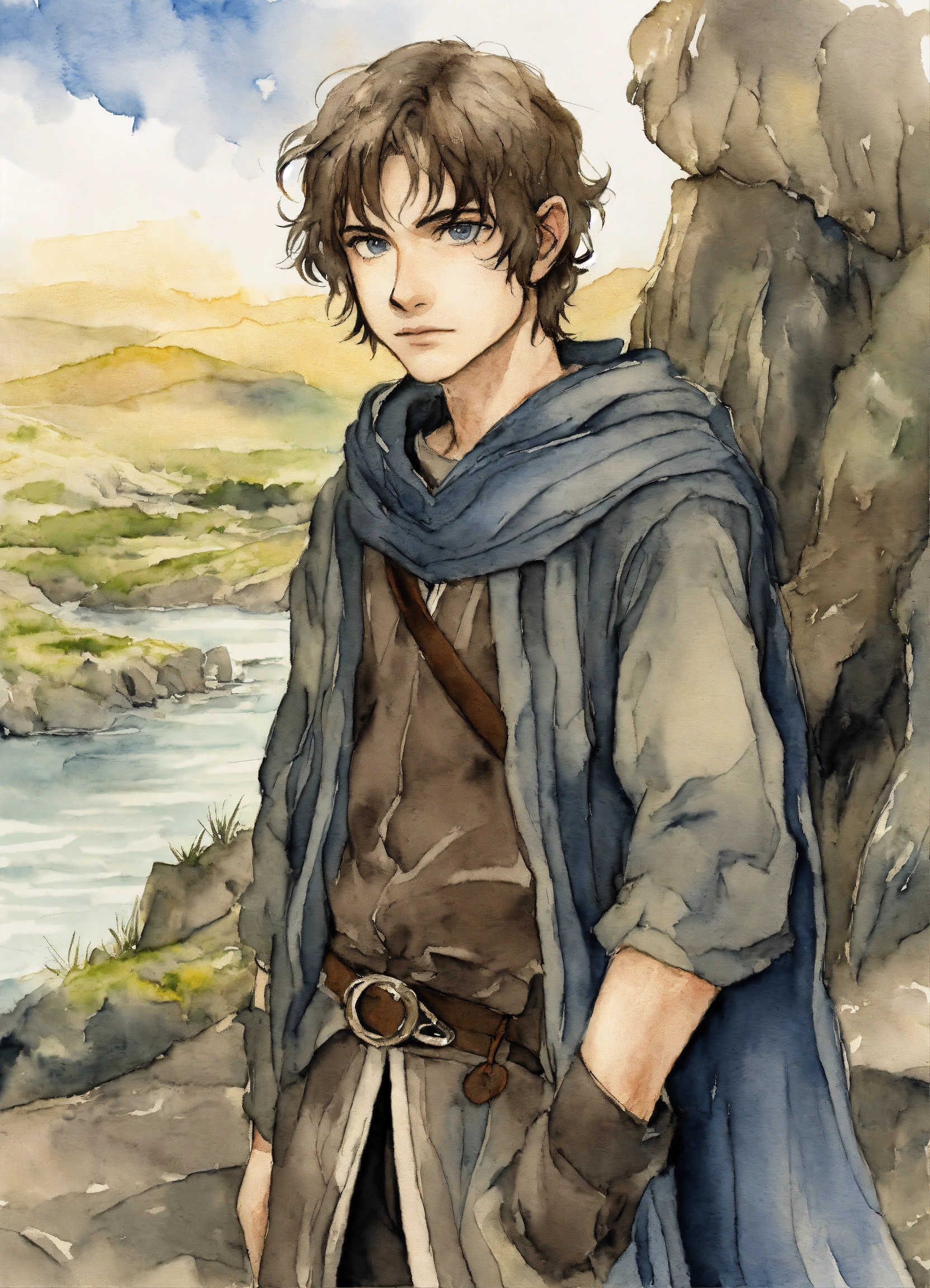 Lexica - The boy Estel from LOTR with grey clothes in vagabond manga drawing art style ...