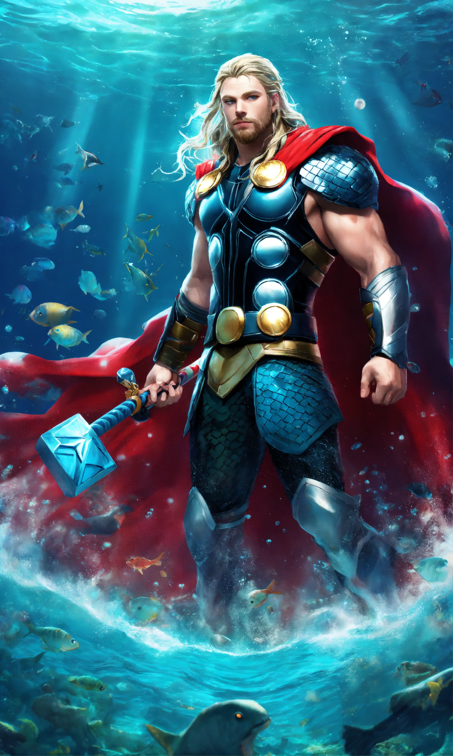 Lexica - Thor Ocean under water full-body, colorful background, 2D render