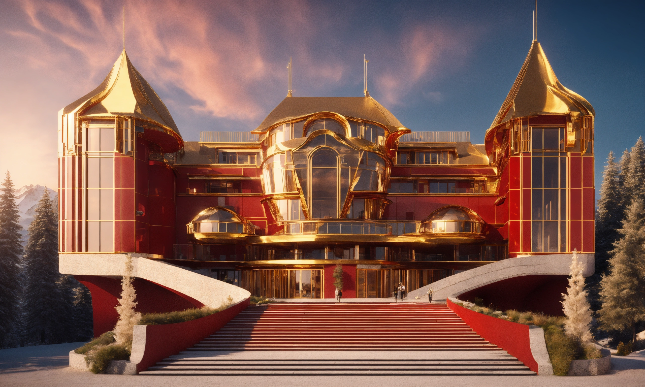 Lexica - Beautiful elegant red and gold futuristic palace in the alps ...