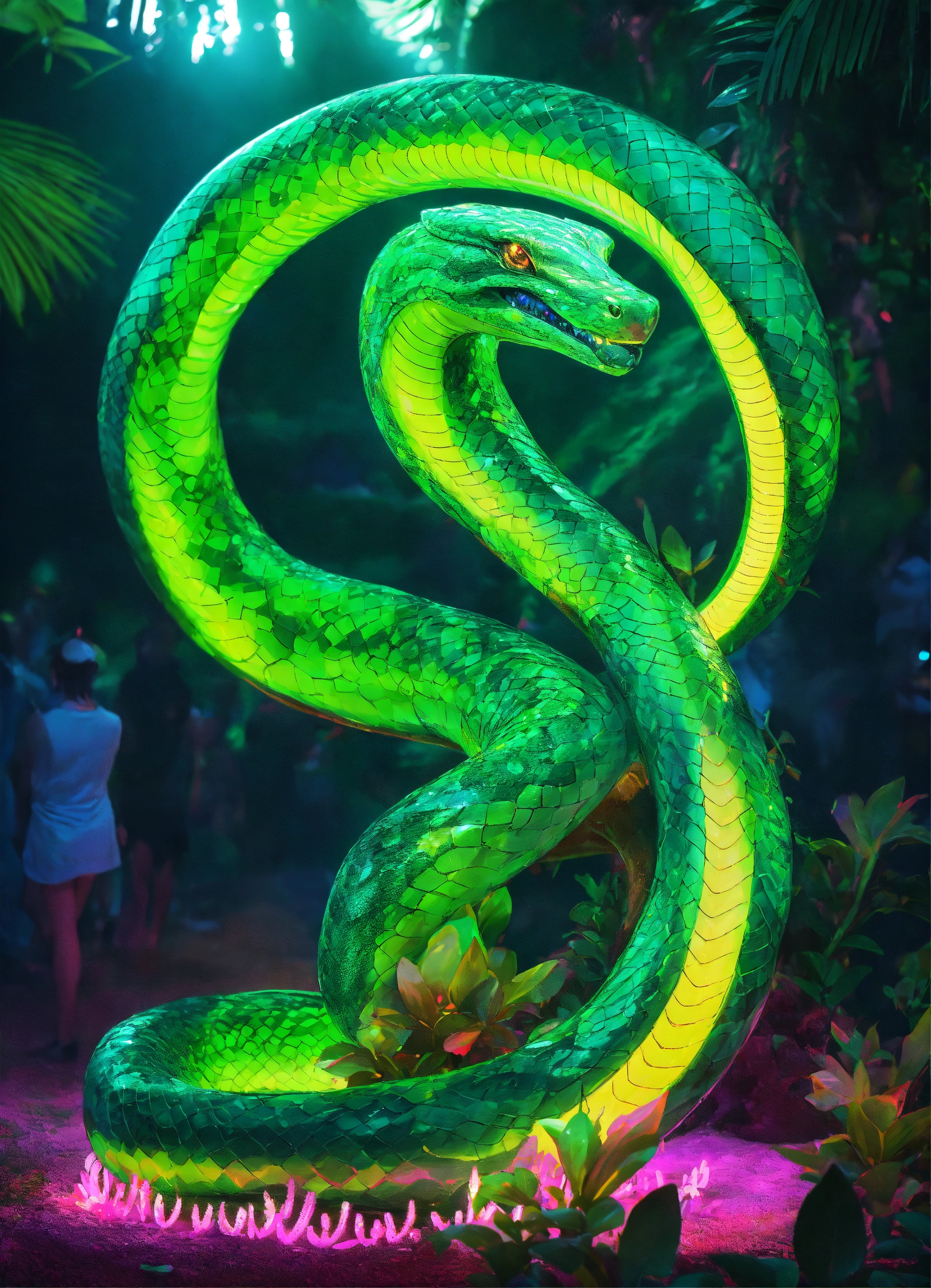 Lexica - Photorealistic Emerald Serpent at a neon Hi-tech festival at ...