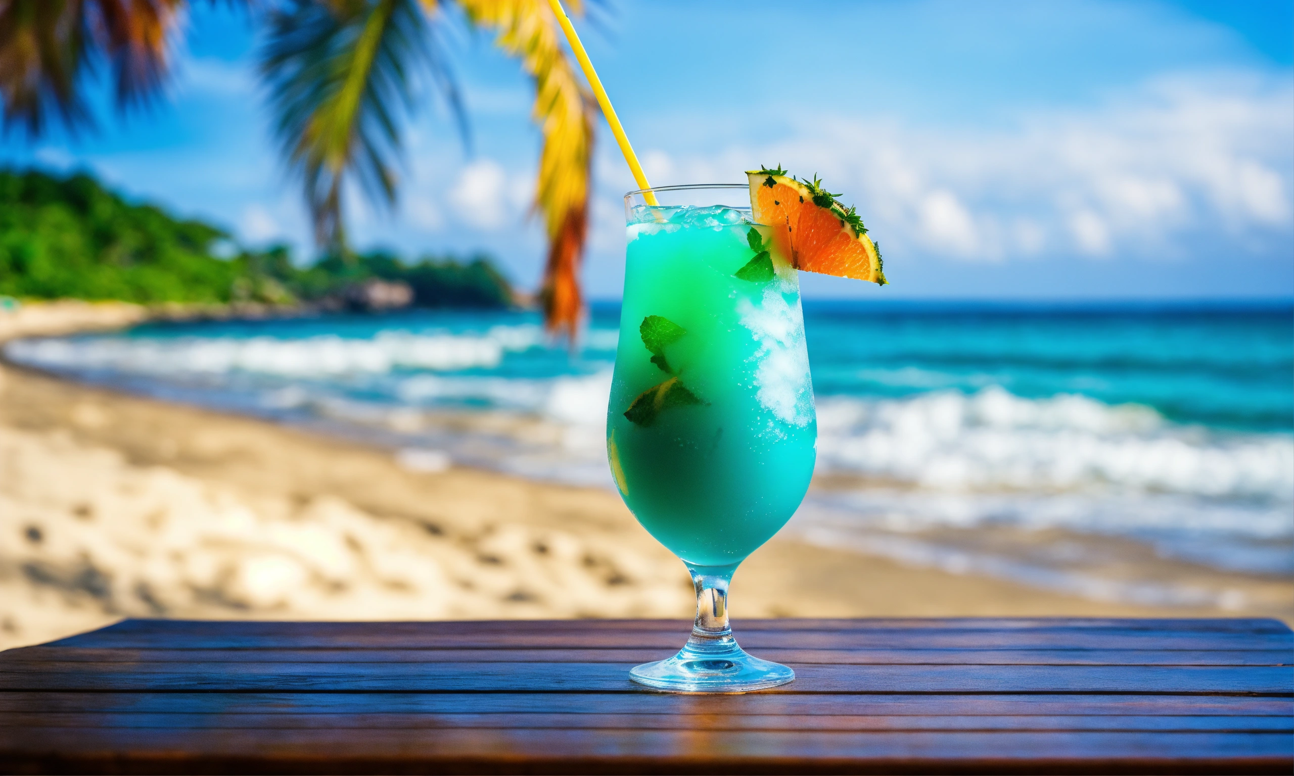 Lexica - Tropical drink on a small table, behind is the beach with blue ...