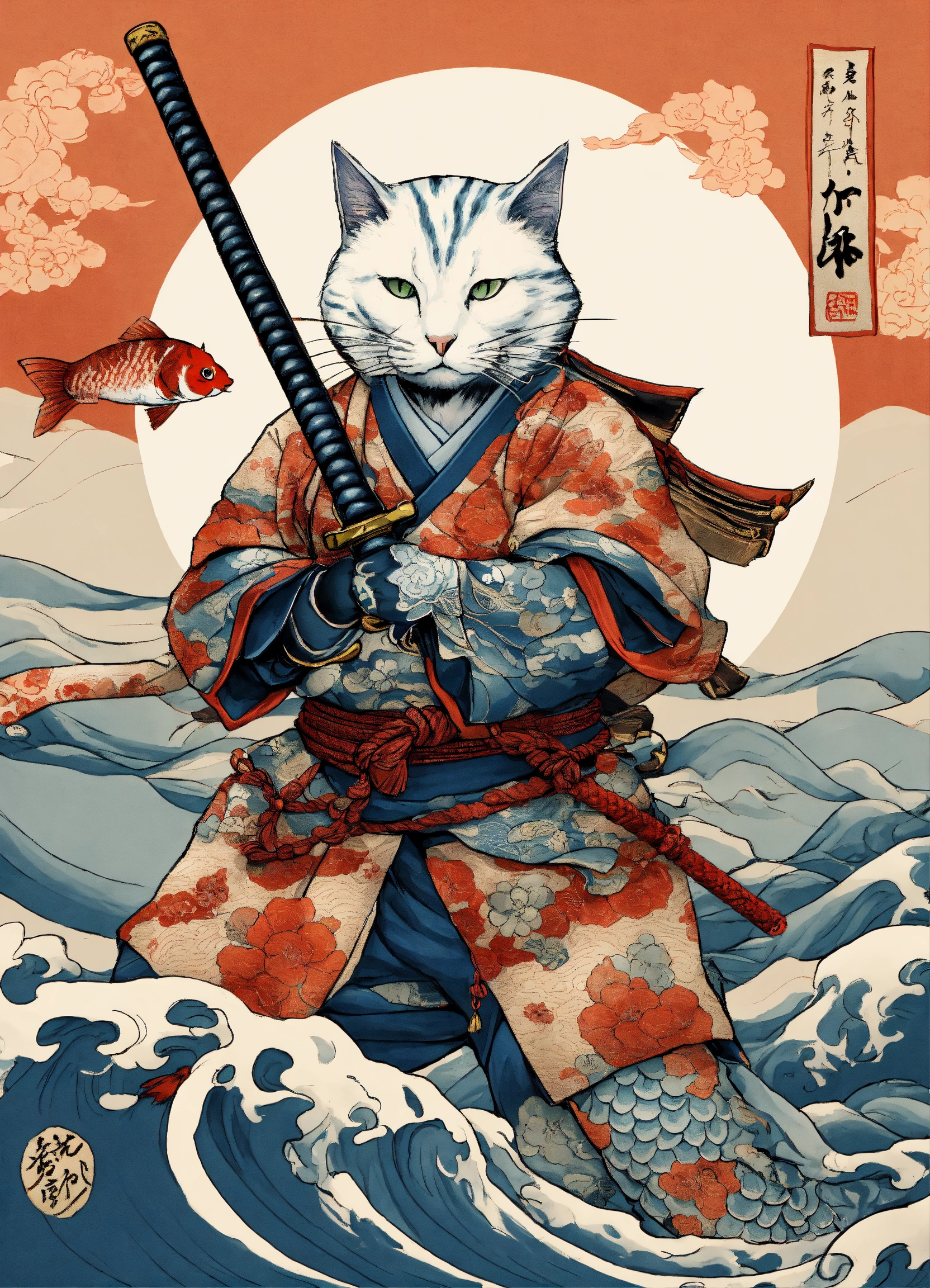 Lexica - There is a cat with a fish and a sword on a white background ...