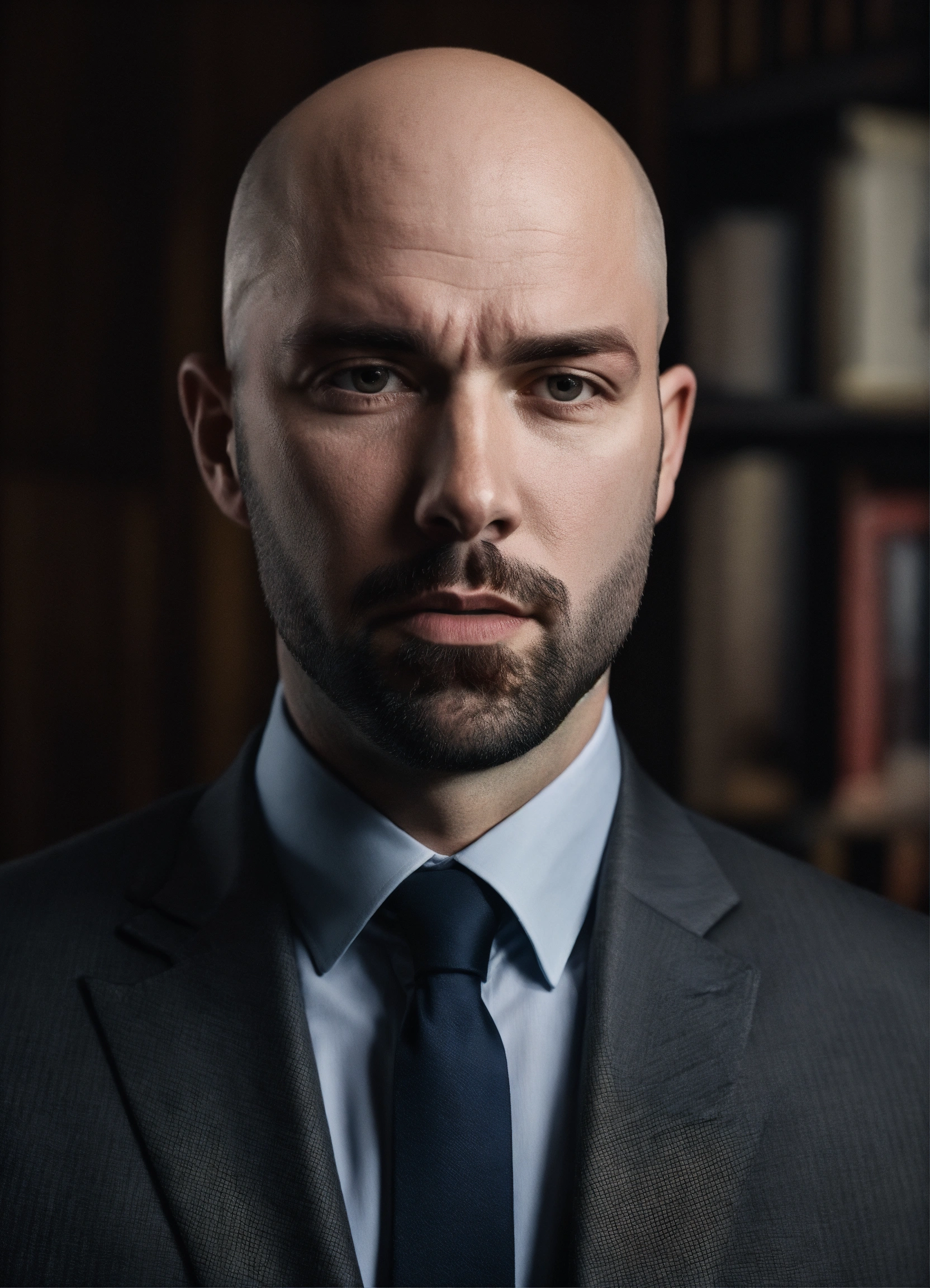 Lexica - Image of bald andrew tate, with stubble ,in a suit, facing at ...