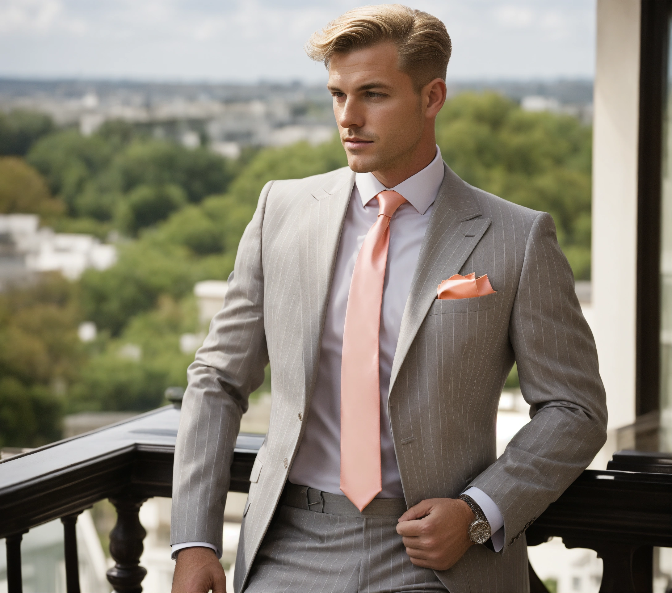 Lexica - A blonde male banker, light grey pinstripe vested suit, peach ...