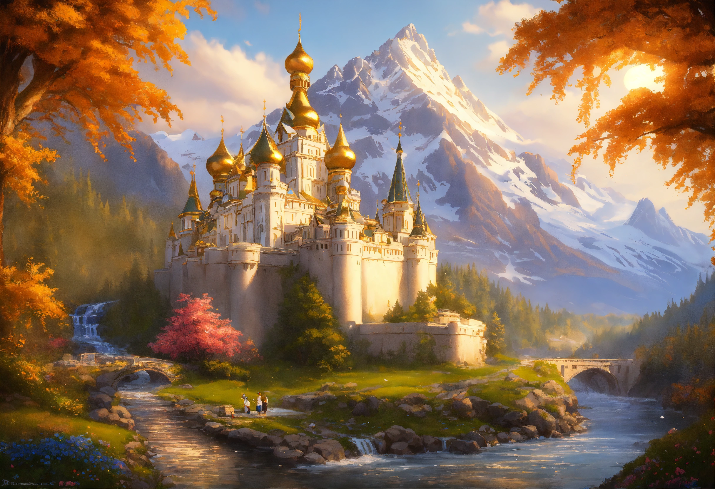 Lexica - Flowers, white and gold Russian castle with pointed gold domes ...