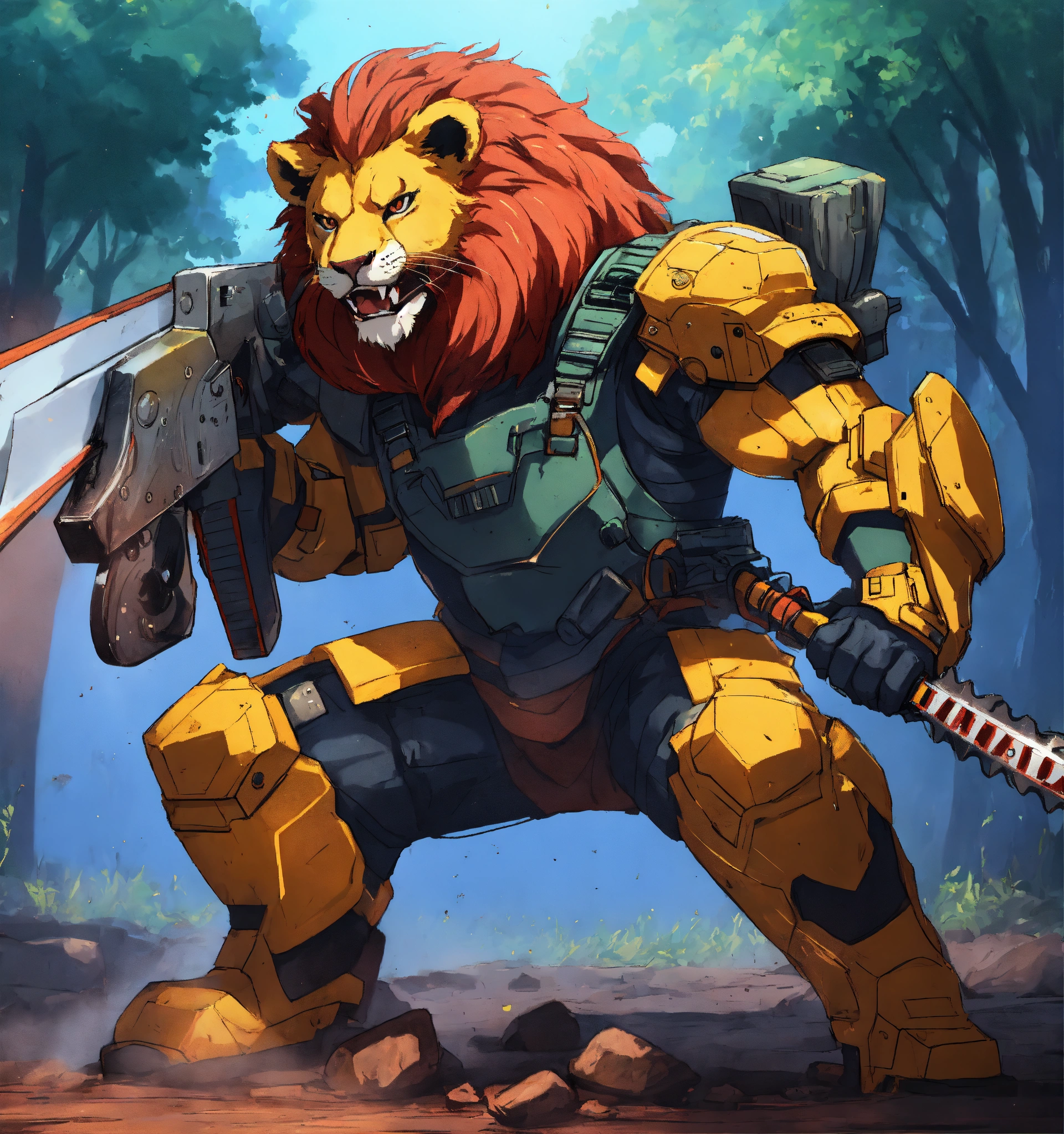 Lexica - Anime humanoid lion soilder fighting with a chainsaw in his hands