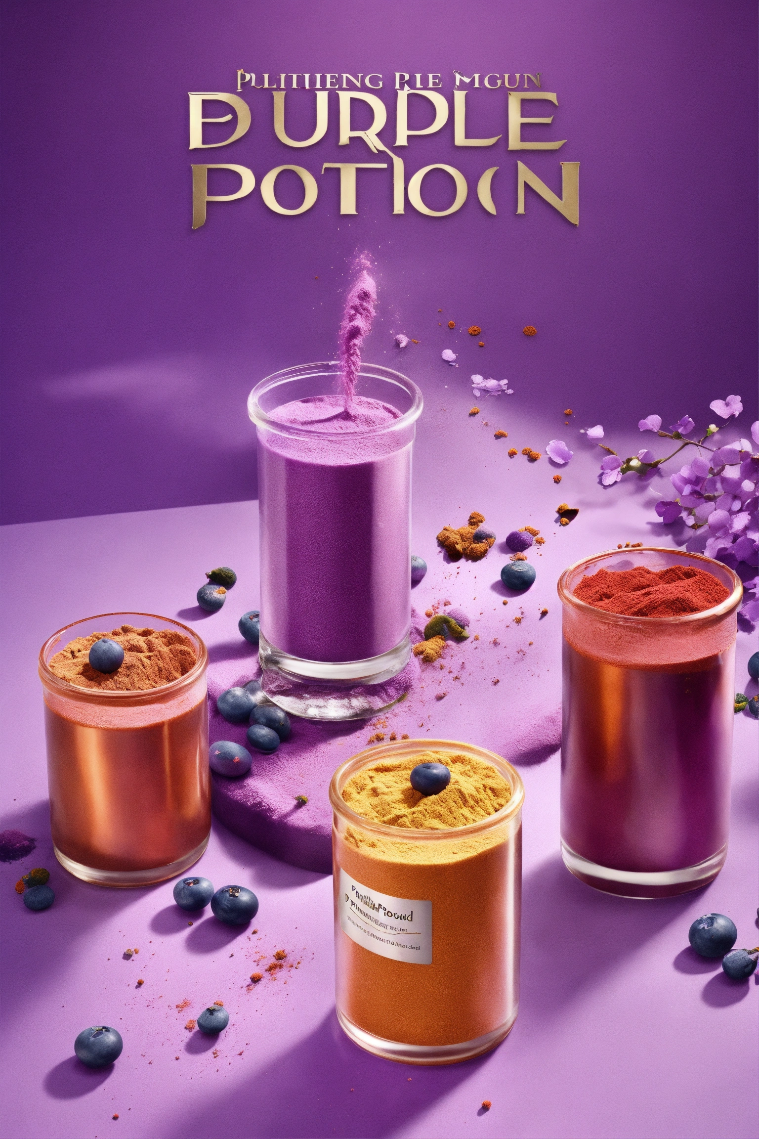 Lexica - Advertising image for purple powdered potion, photorealistic