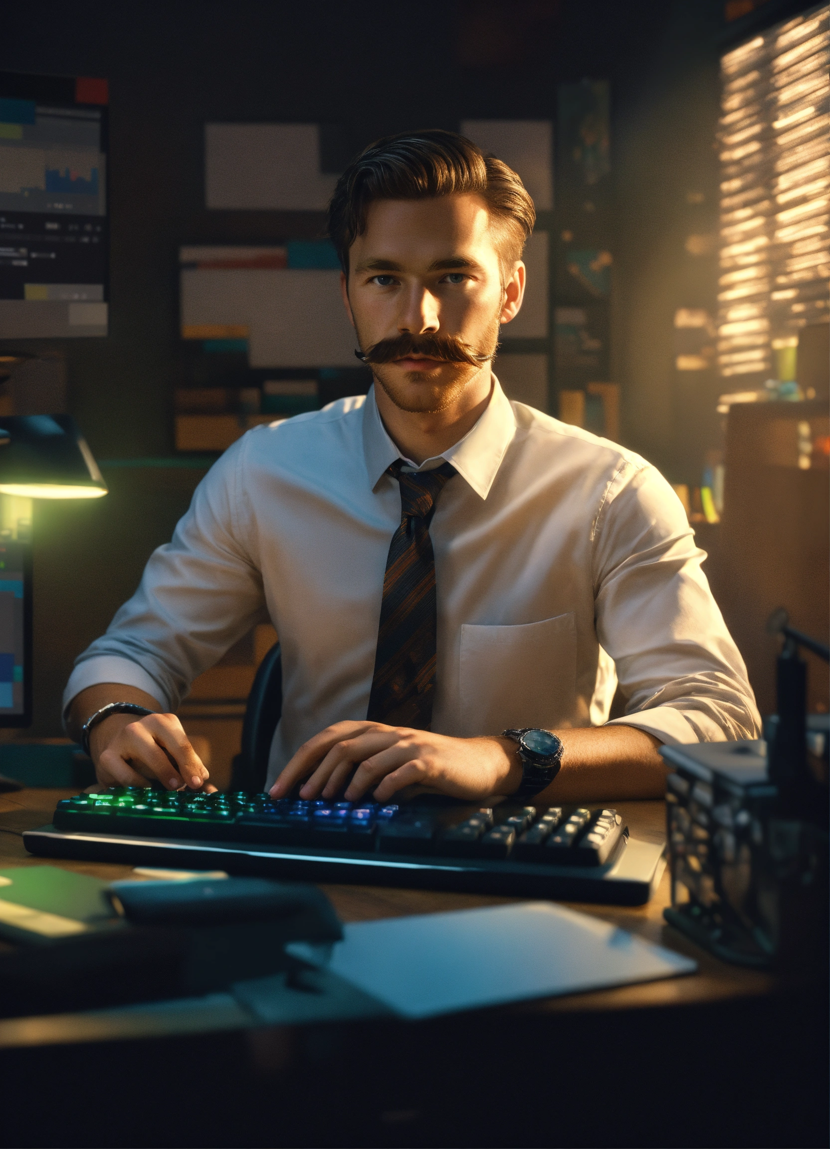 Lexica - Young, white male investment banker with mustache sitting at ...