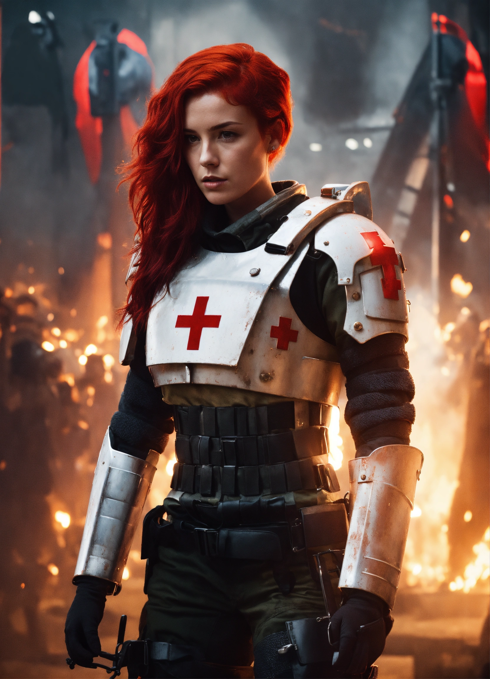 Lexica - Female with red hair and wearing metal white military armor ...