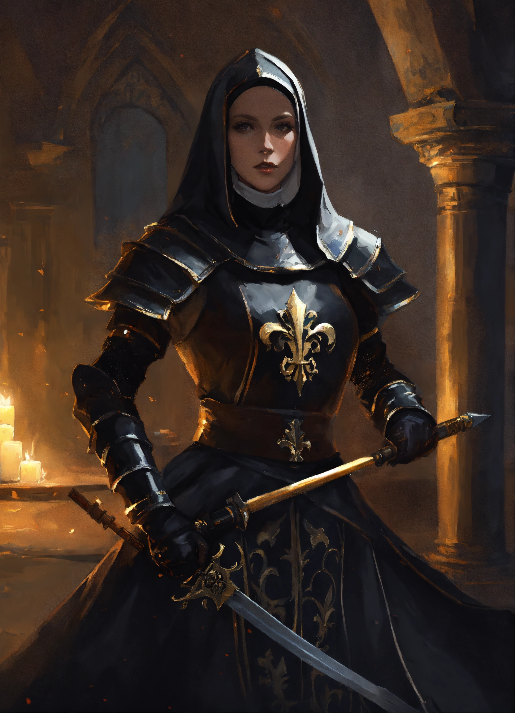Lexica - A fighting nun in black armour with fleur de lis, concept art