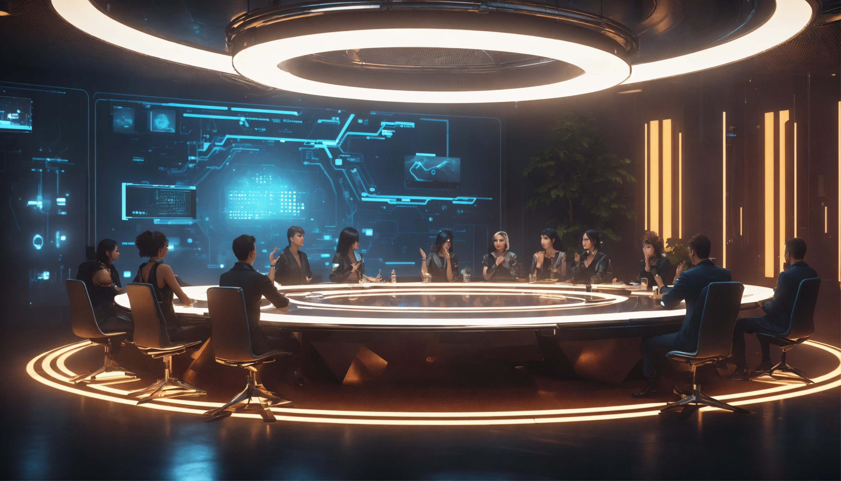 Lexica - Futuristic meeting room, people siting around the cybernetic ...