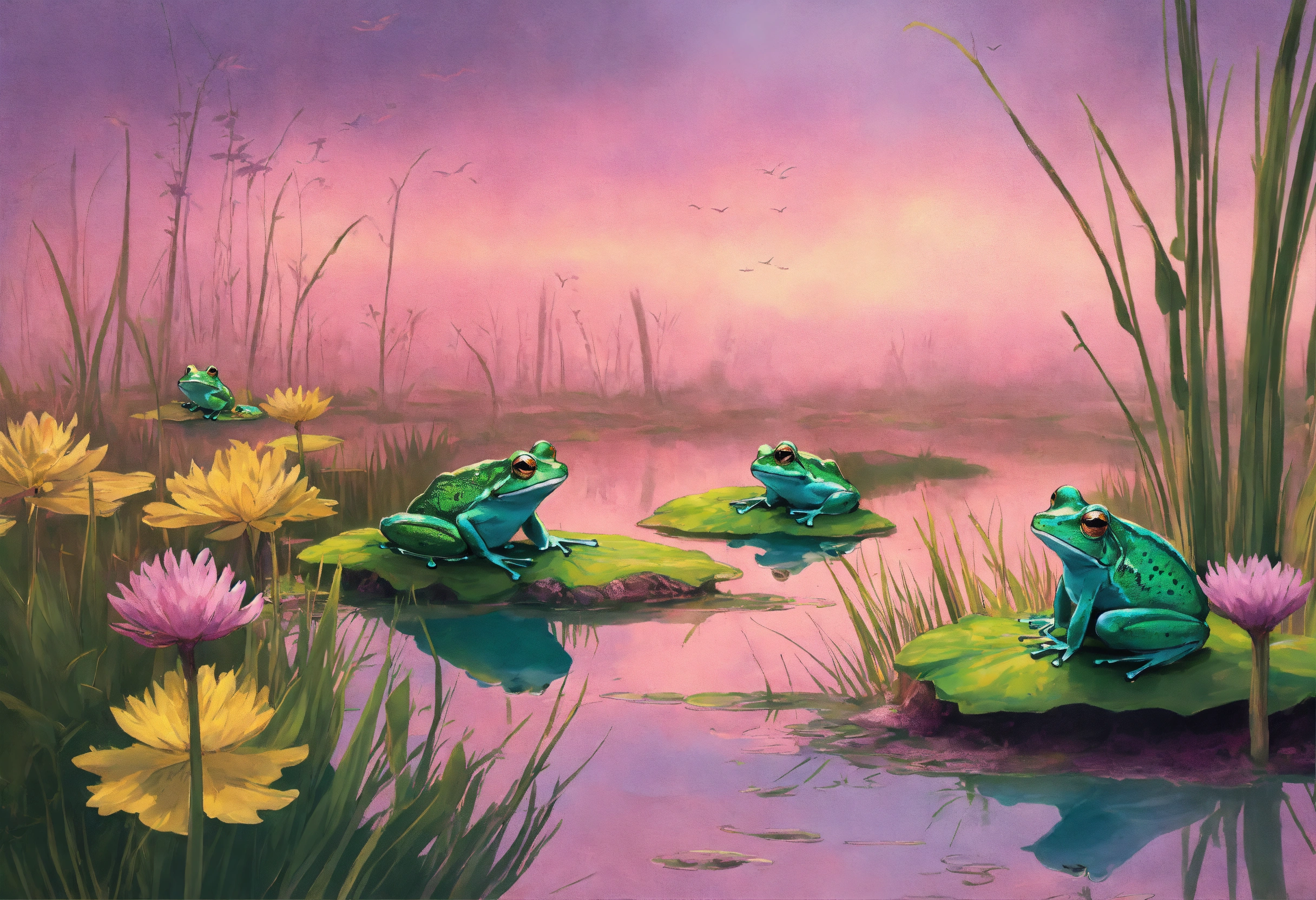 Lexica - Illustration graphic marsh frogs in tie-dye, surreal mauve hues, surreal green/yellow ...