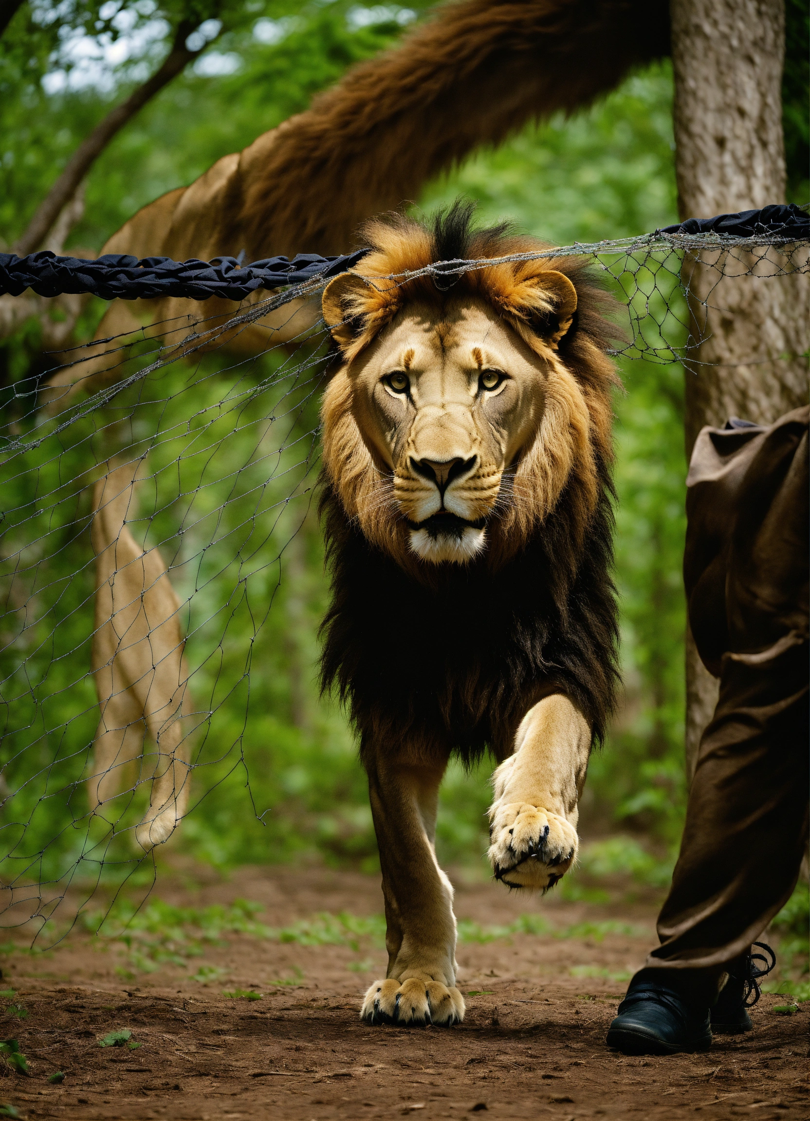 Lexica - A big lion in the forest gets caught in a net and hangs upside ...