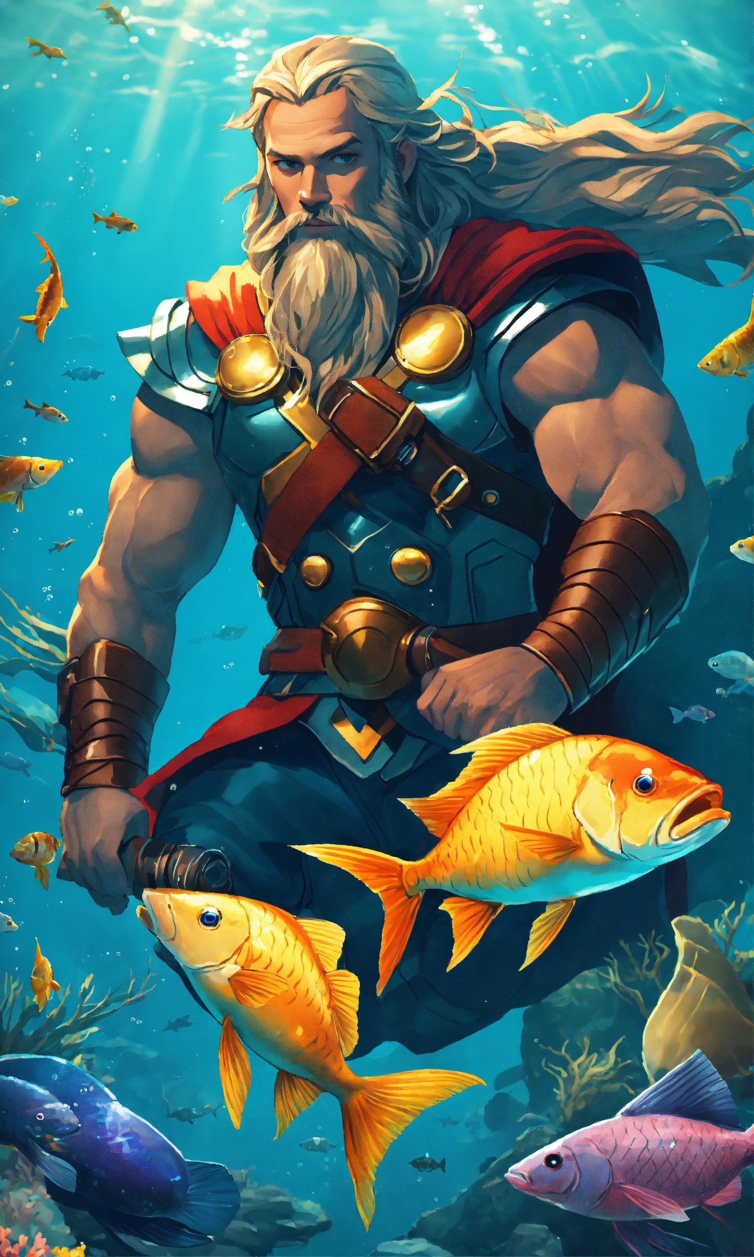 Lexica - Thor with fish underwater in the ocean, nature background, 2D ...
