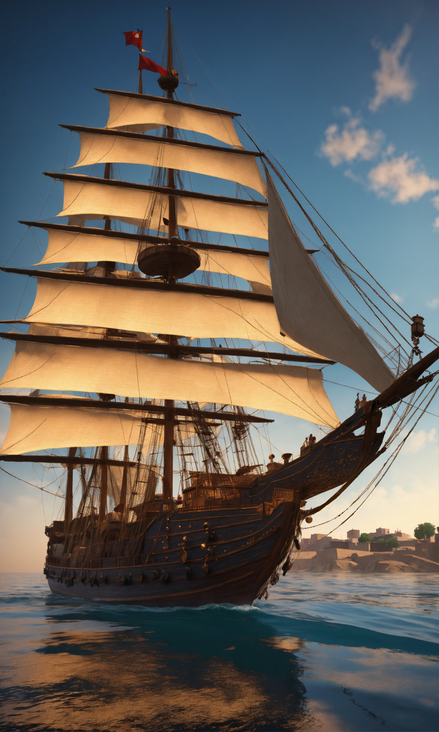 Lexica - Xebec ship sailing on the sea, with Persian town based on ...