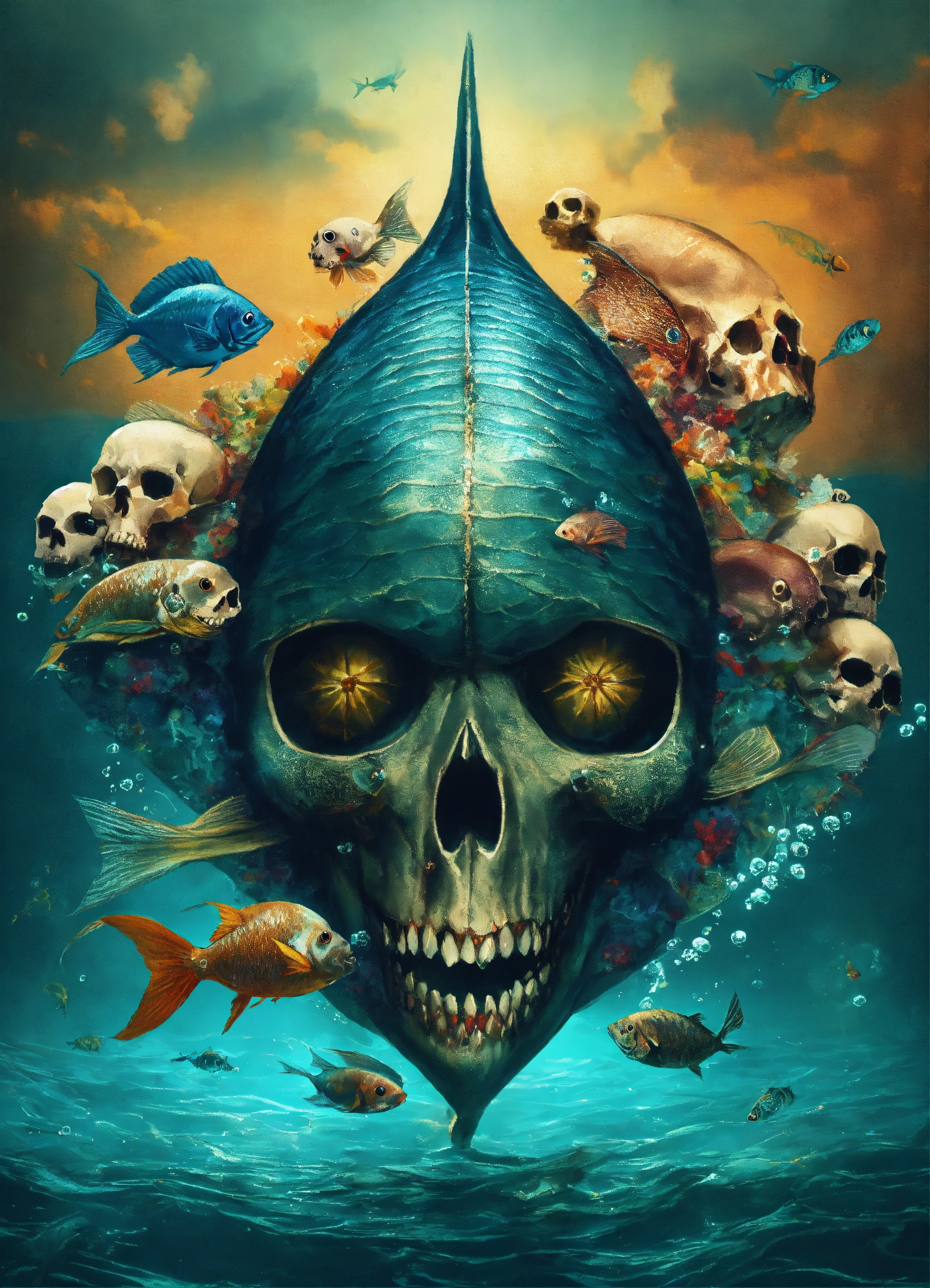 Lexica - Sinister fish in water with skulls