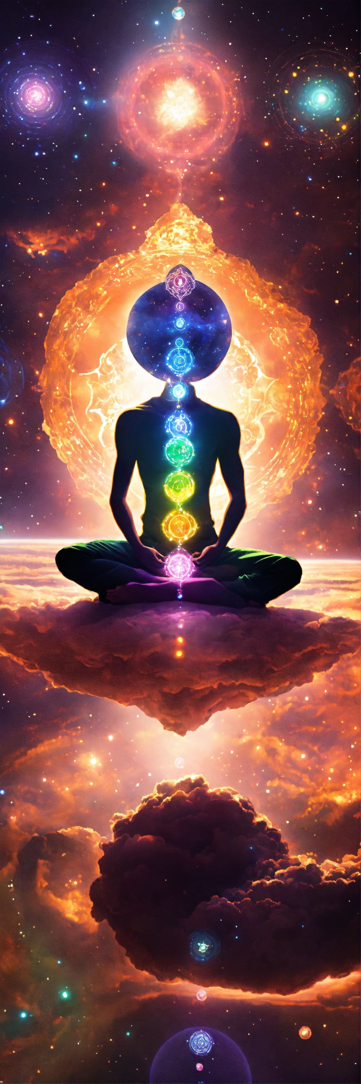 Lexica - Human entity meditating in space showing his chakras
