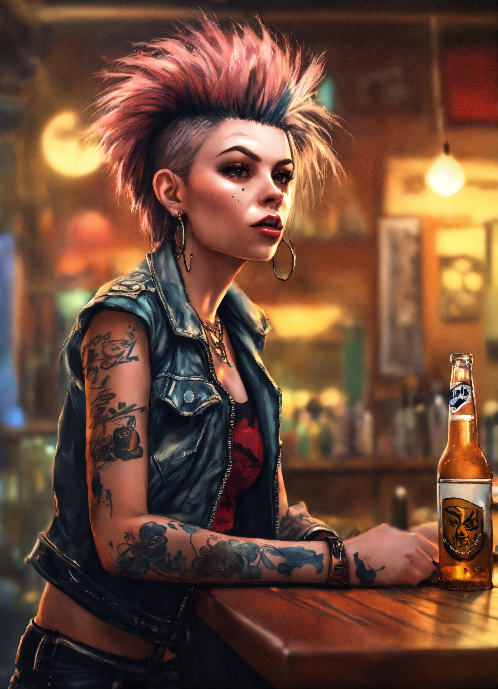 Lexica - Rebellious female punk rocker, standin in bar, a funny ...