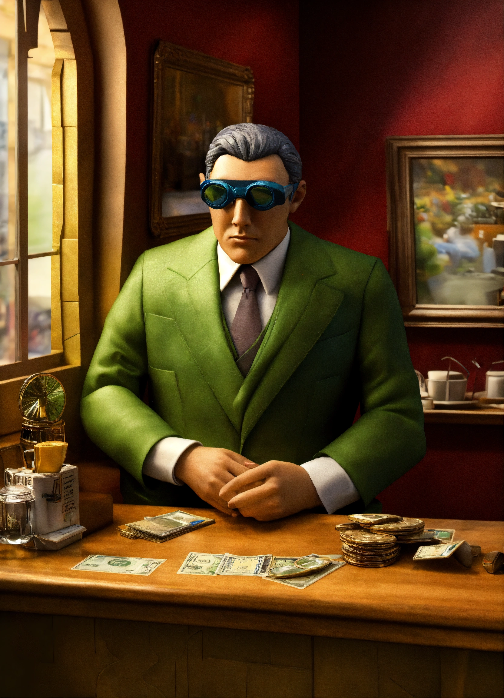 Lexica - The banker at the counter look at me 3D art