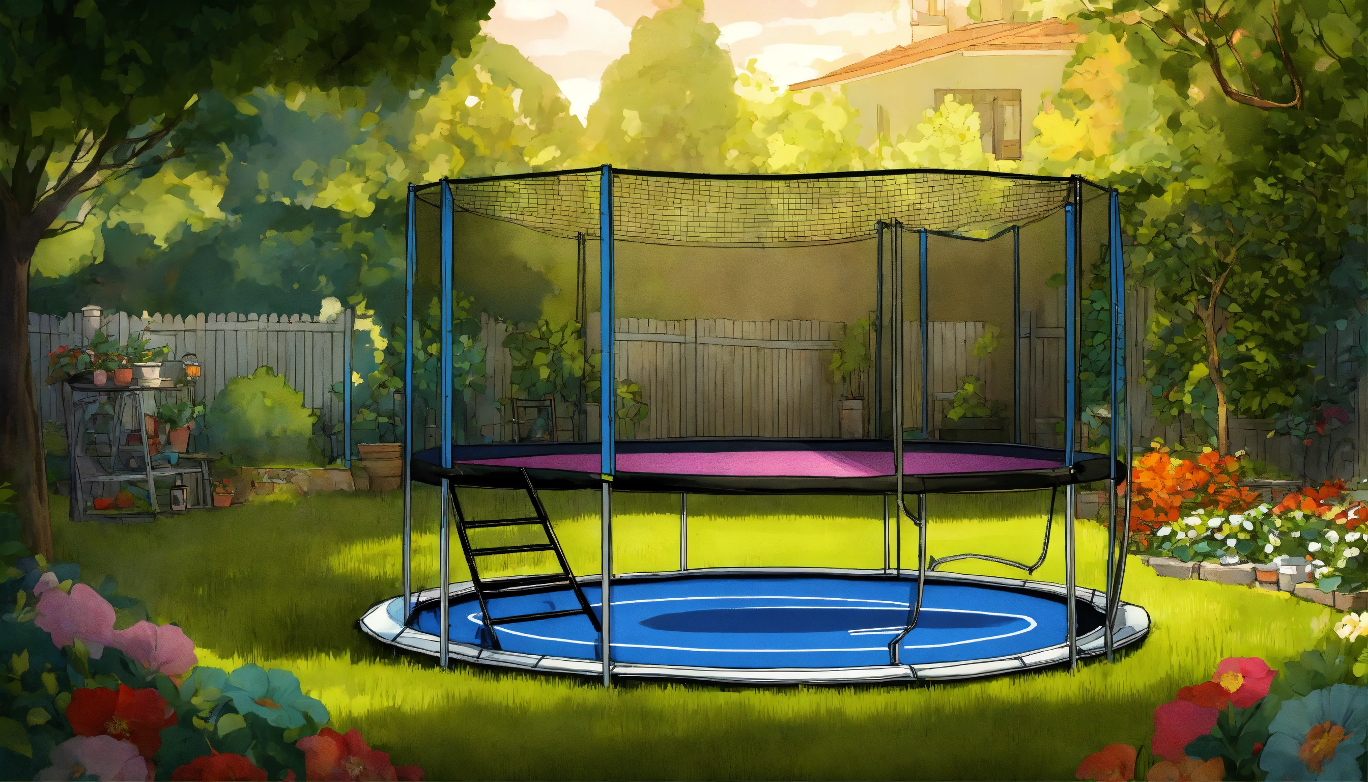 Lexica - Backyard trampoline beautiful illustration, intricate details