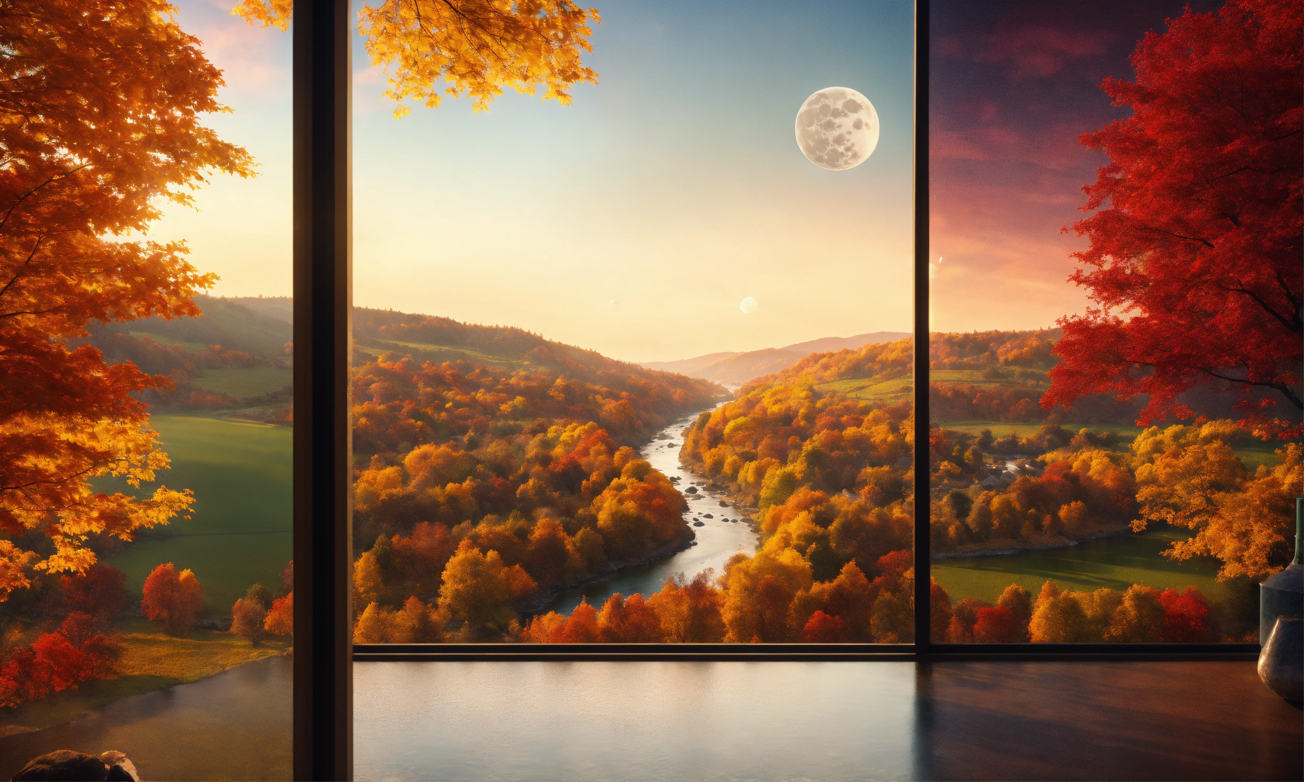 Lexica - Looking out through a window overlooking a valley with a river ...