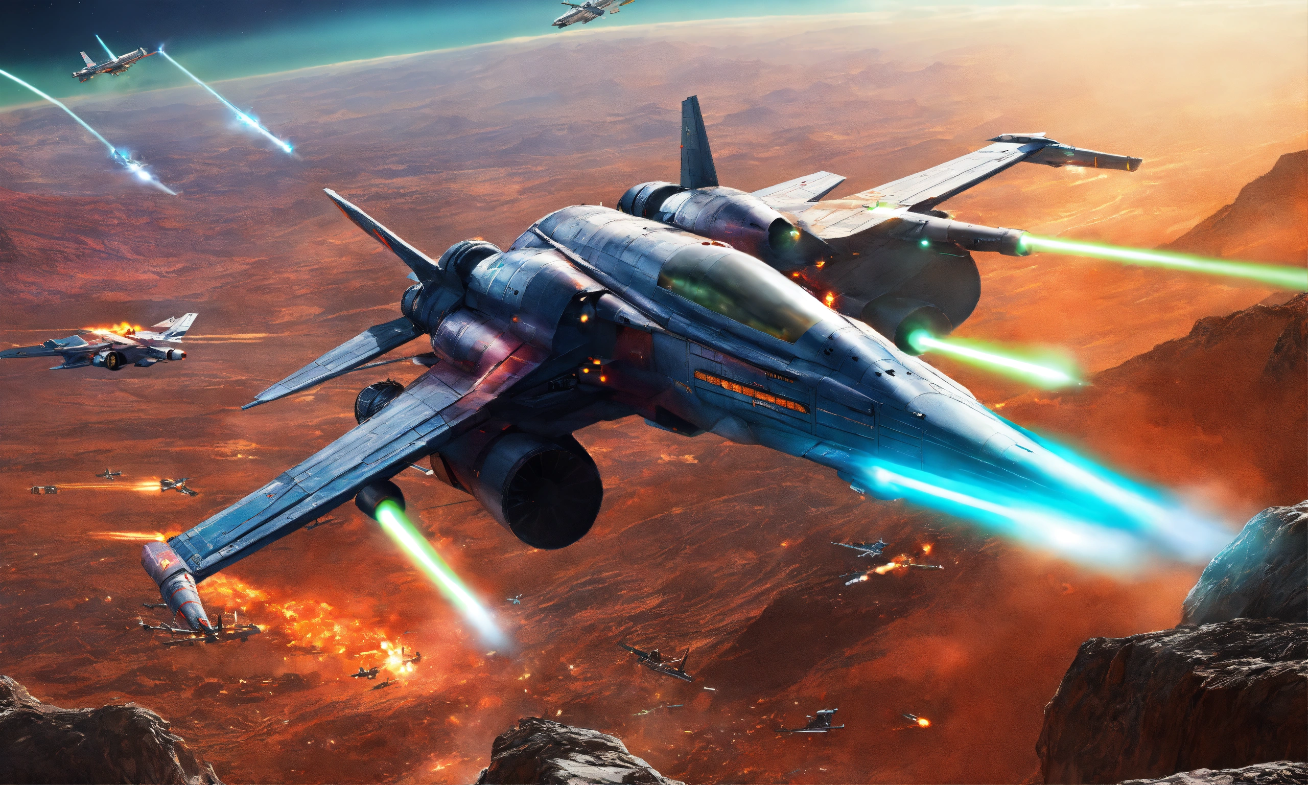 Lexica - Space fighter plane firing lasers at other planes on alien planet,