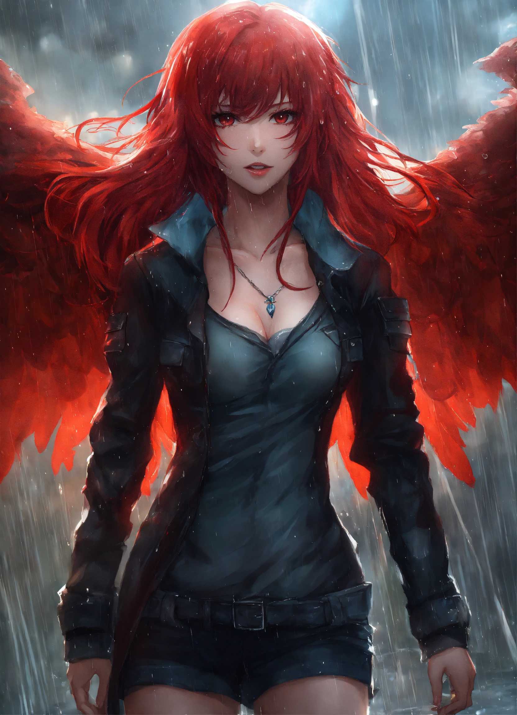 Lexica - Red hair female seraph soaked in rain full body