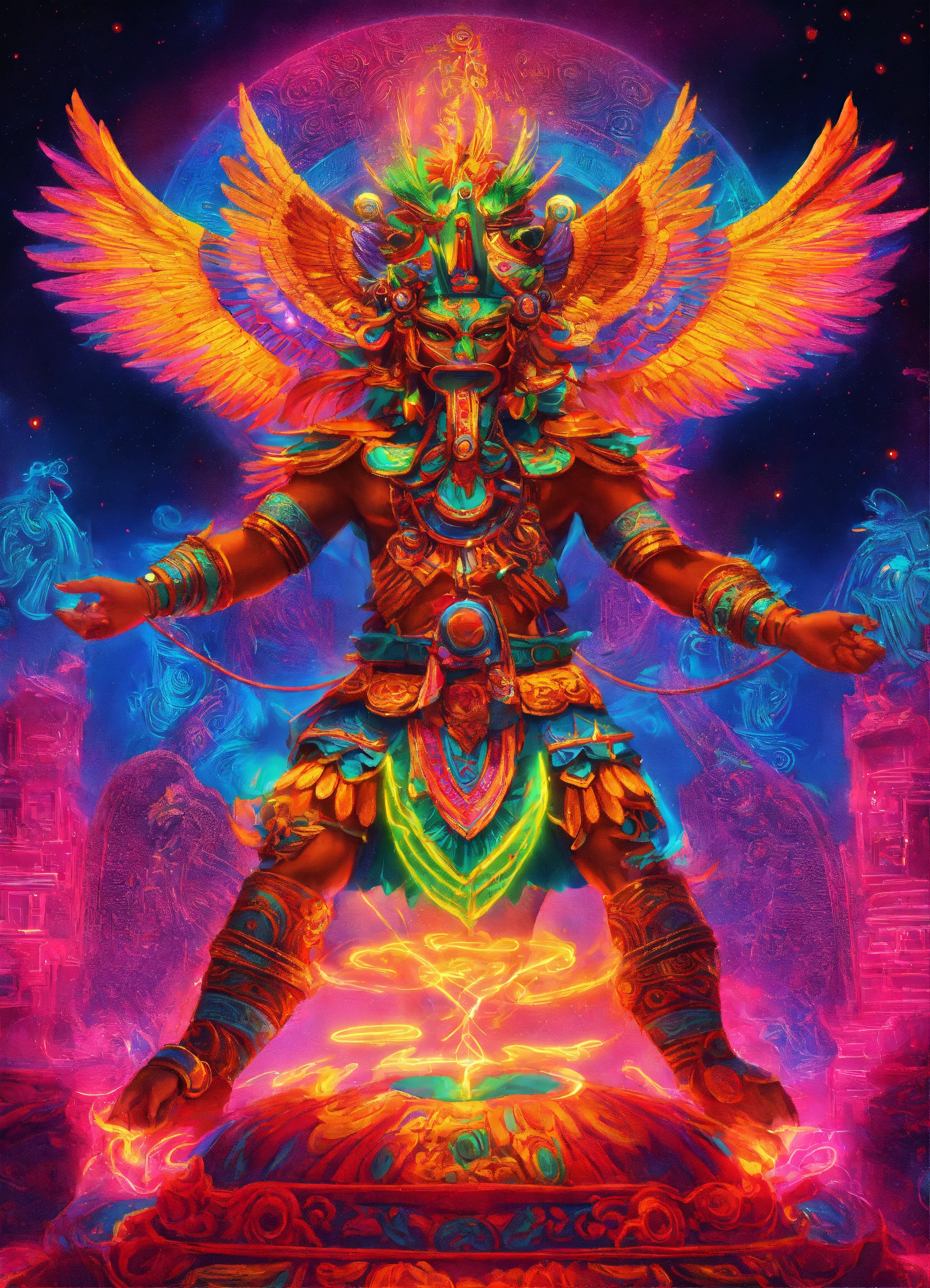 Lexica - Aztec God Quetzalcoatl dancing in electric neon gleam with DMT ...