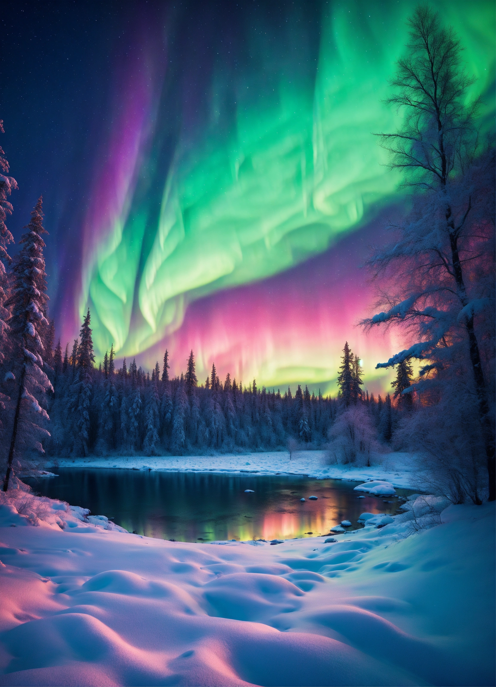 Lexica - Winter landscape with extremely colorful aurora borealis ...
