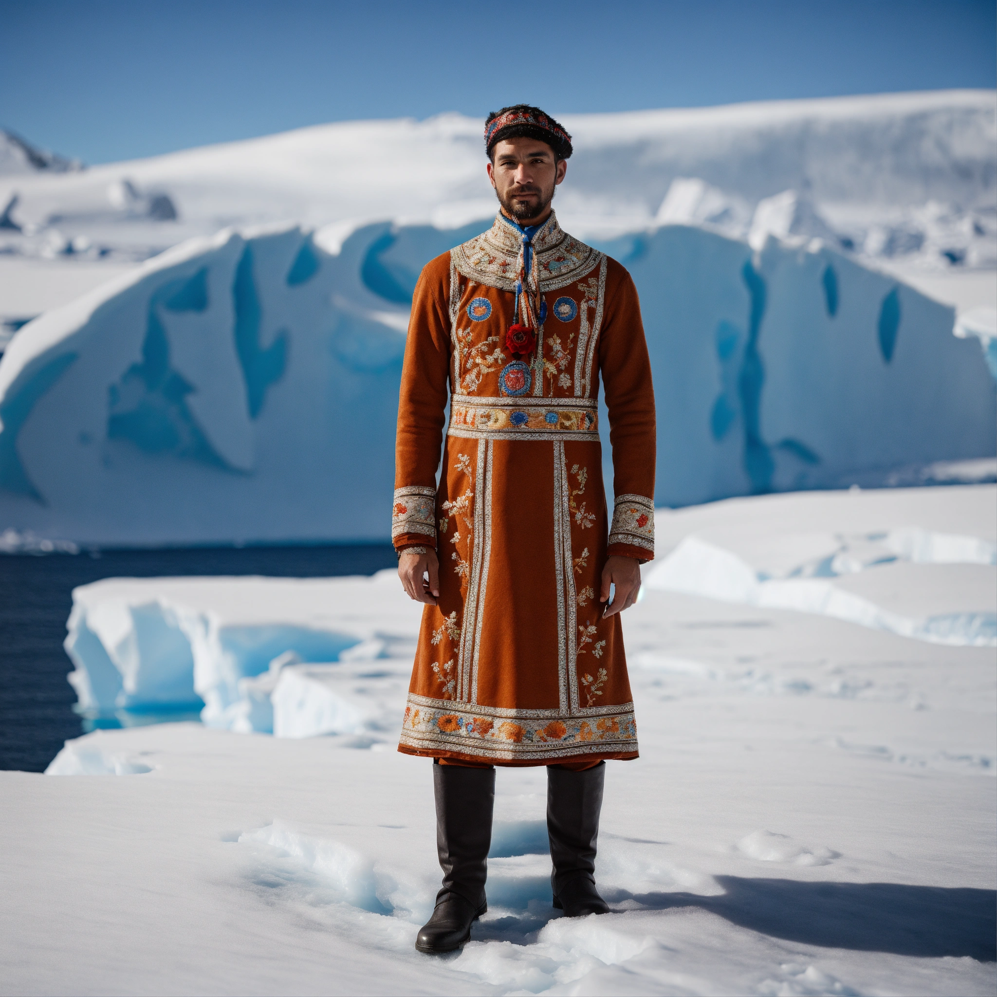 Lexica - A man wearing a stunning embroidered dress in Antarctica, shot ...