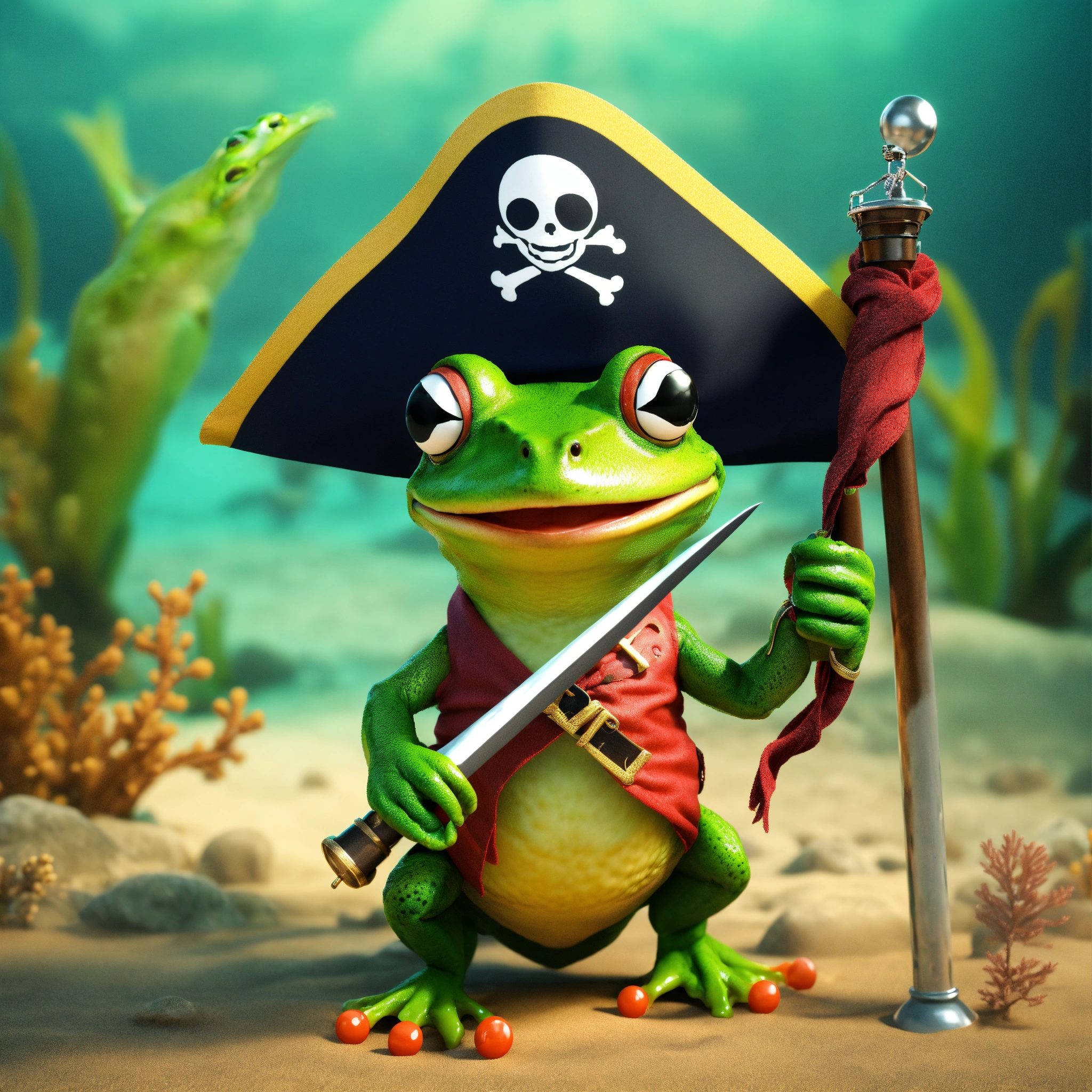 Lexica - Pirate frog, wearing a pirate hat, holding a pirate flag ...