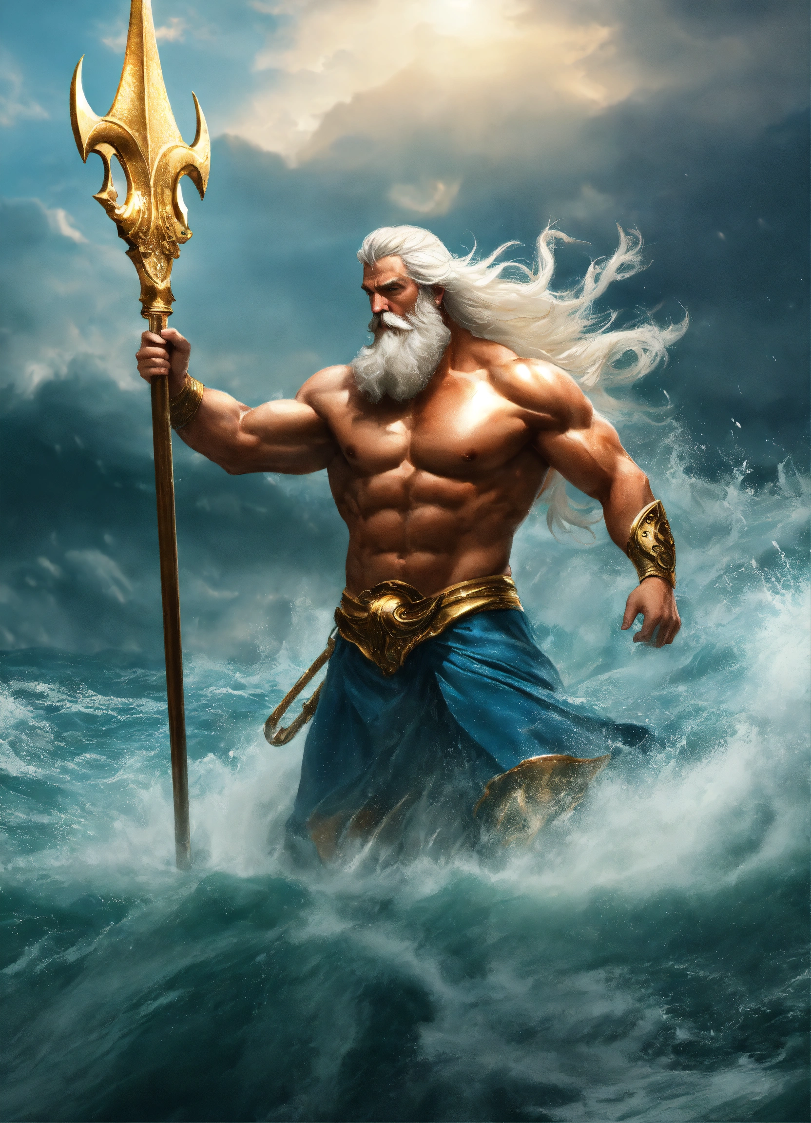 Lexica - God Poseidon emerging from a raging sea, ready to throw his ...
