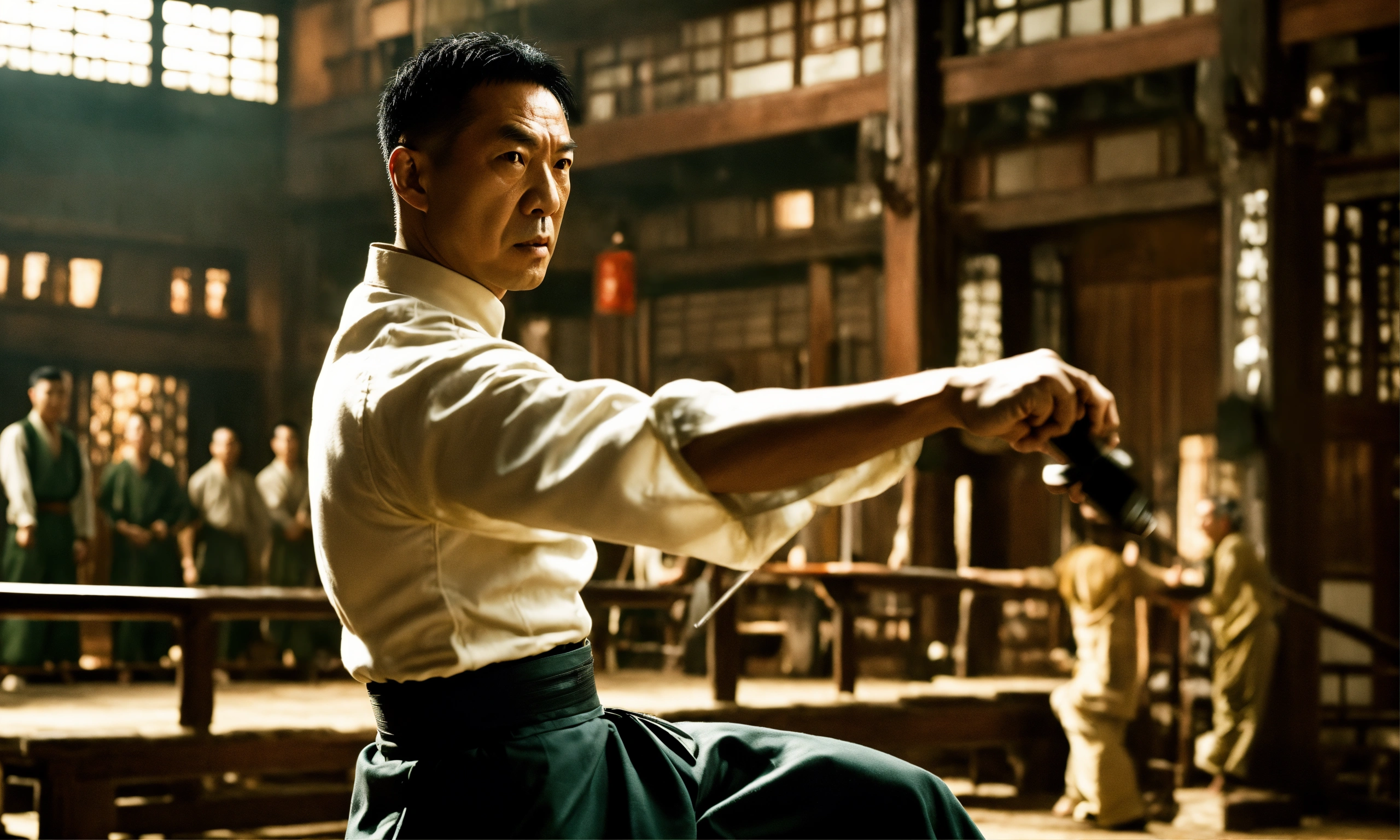 Lexica - Produce me an image of Ip man in fighting action, movie image ...