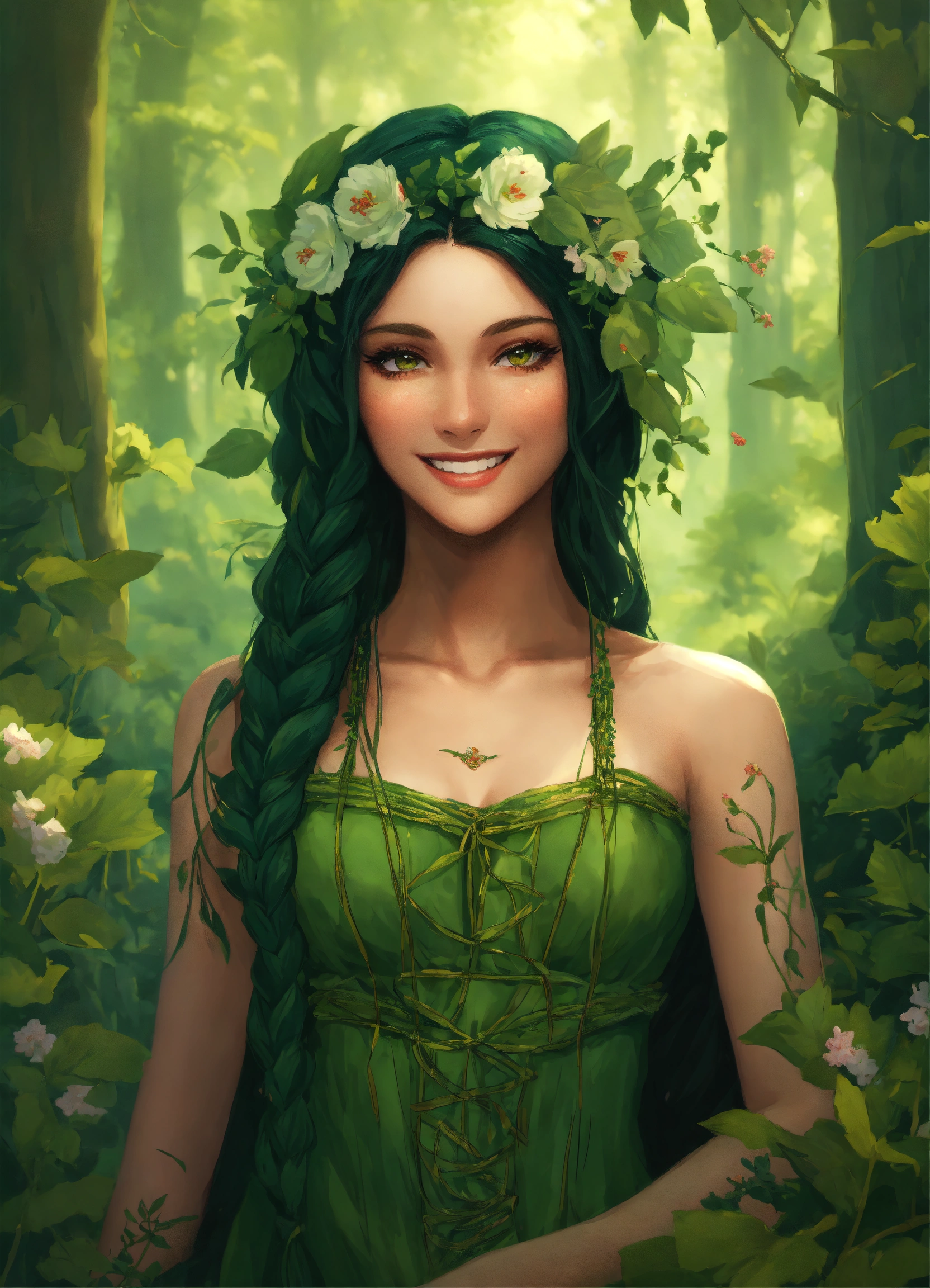 Lexica - Green dryad girl, long dark braided hair, smile, flowers, forest,