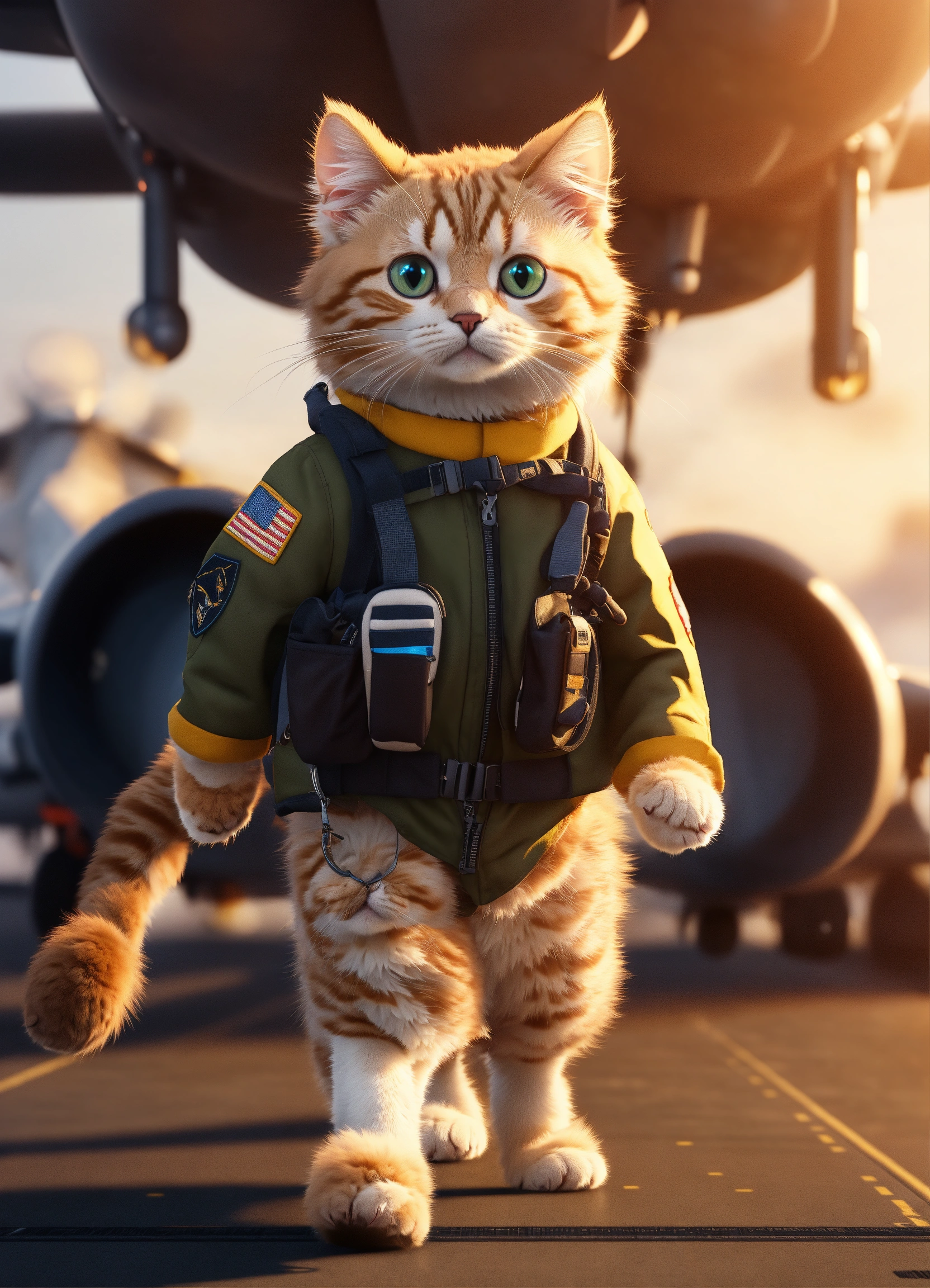 Lexica - A cute fluffy cat pilot walking on a military aircraft carrier ...