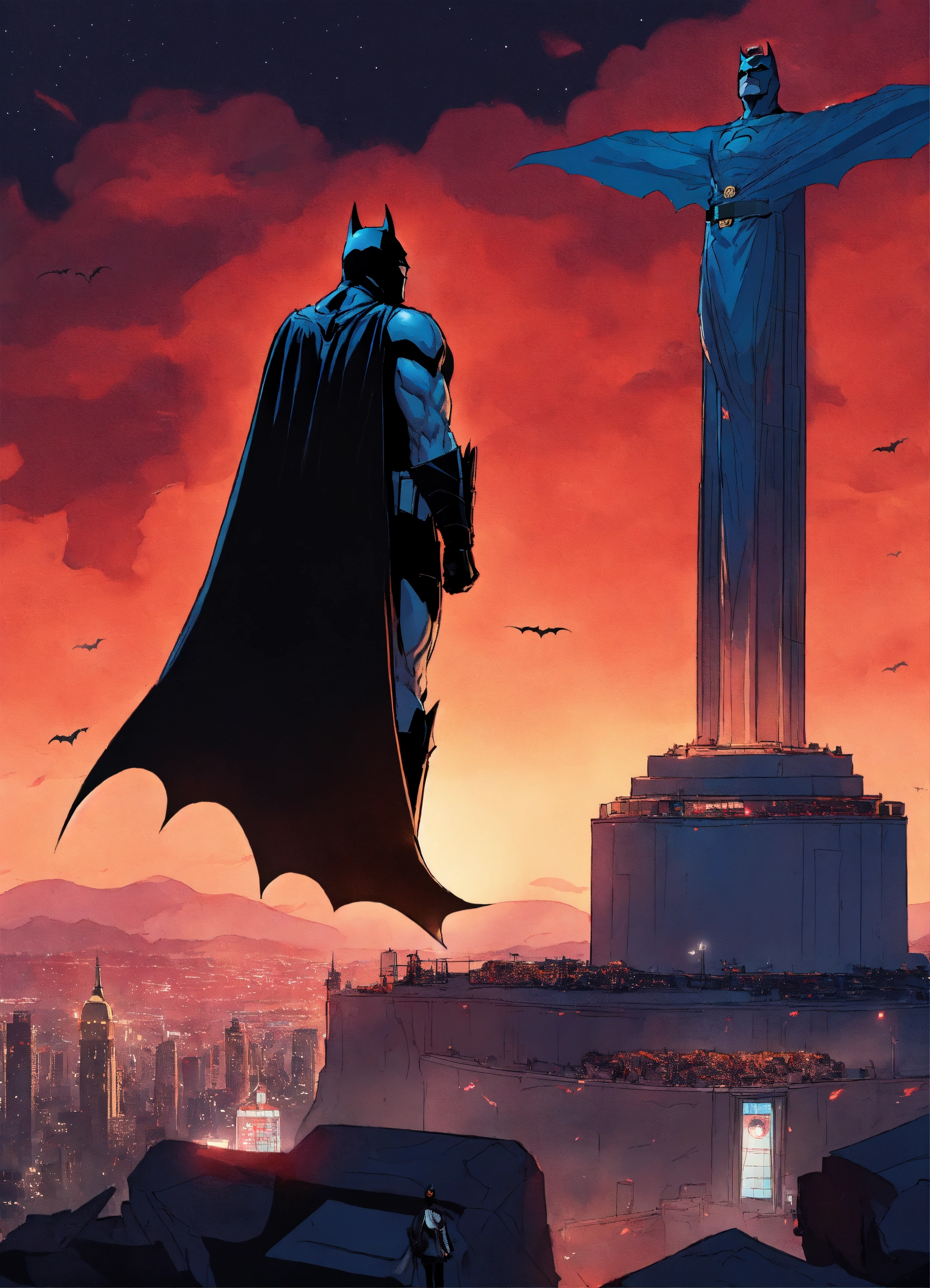 Lexica - Batman looking up at a Cristo Redentor in the dark, while the ...