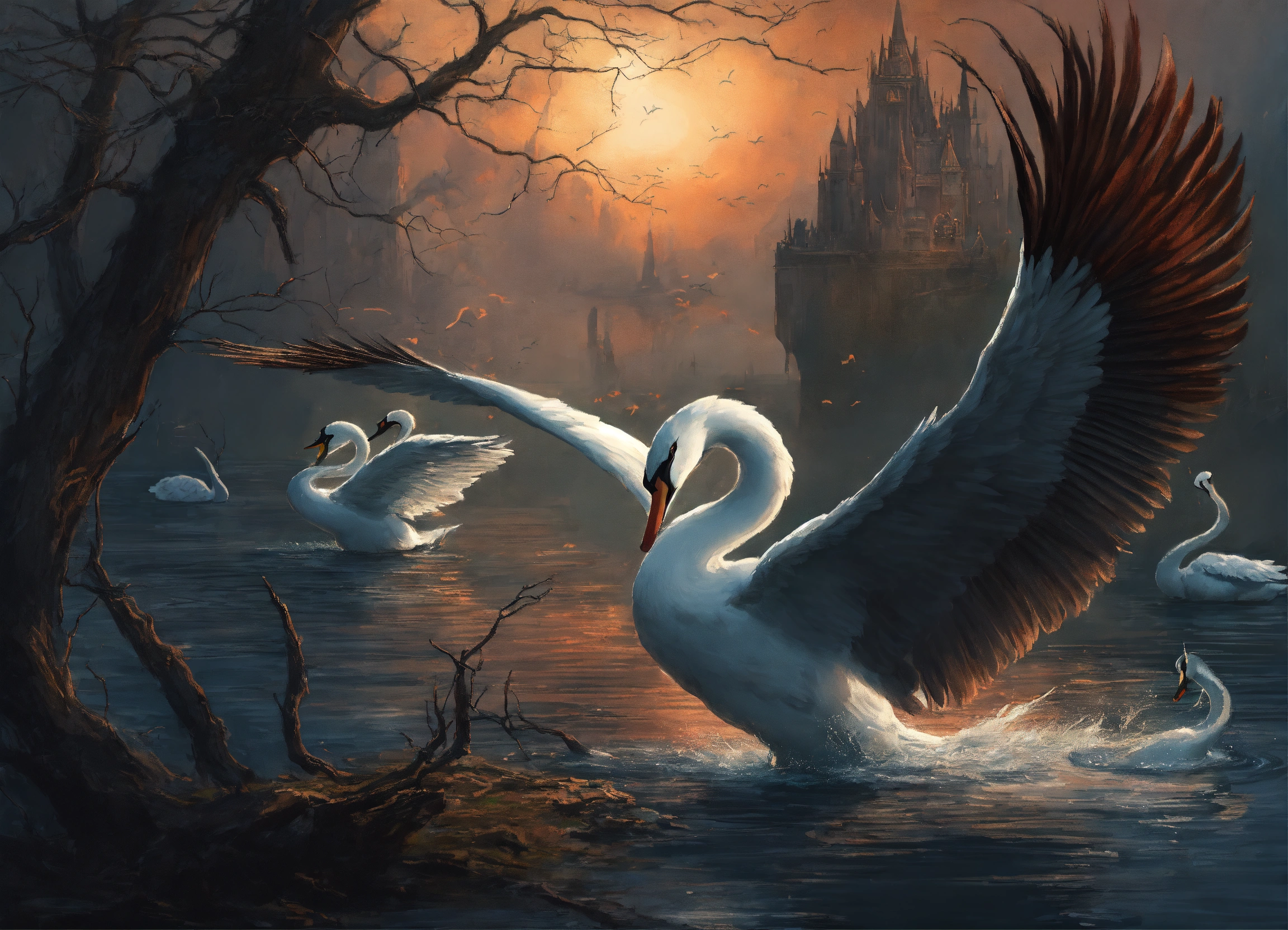 Lexica - Turn loose the swans, war swans, intricate art, dark fantasy style