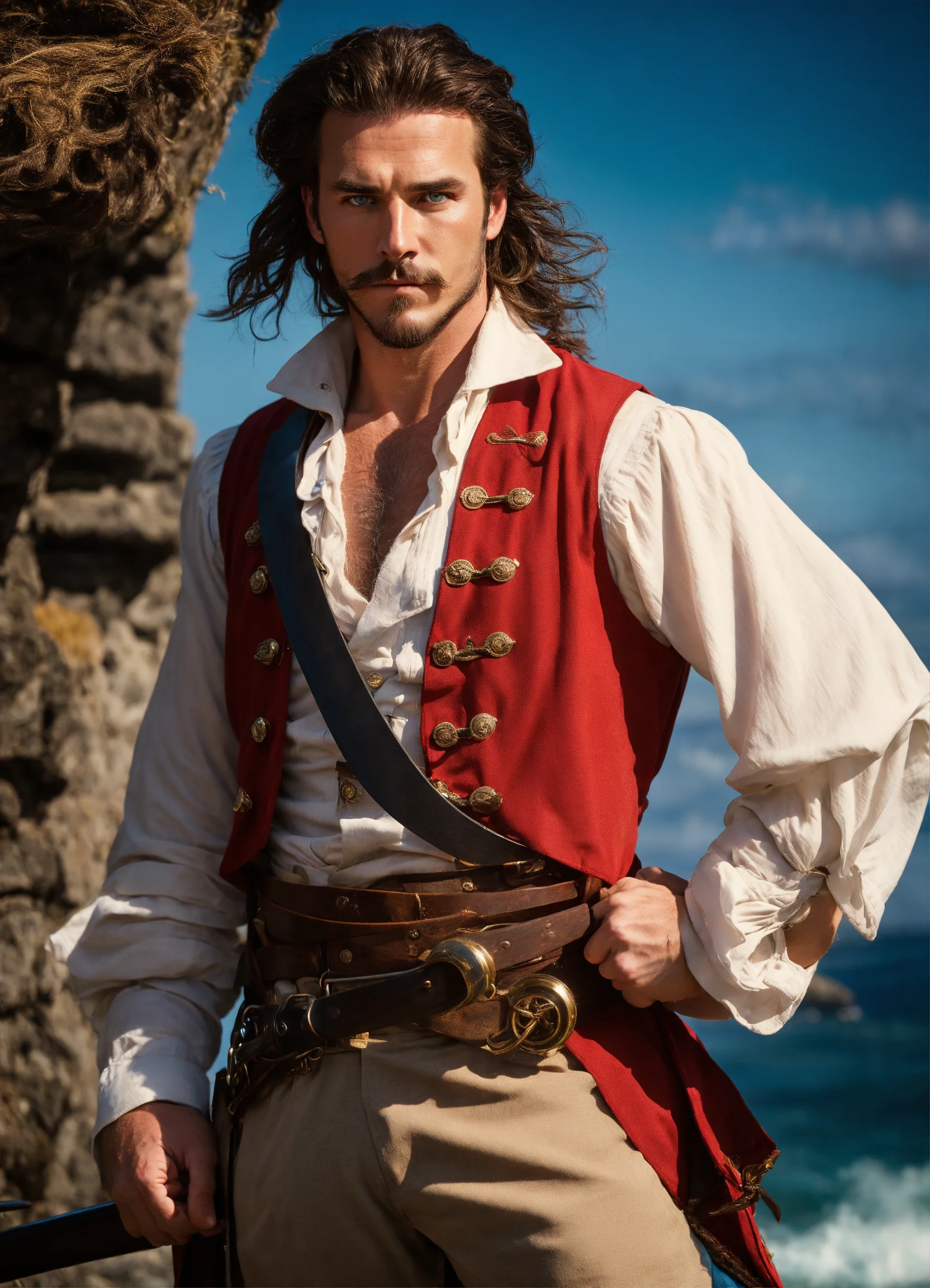 Lexica - An adult male pirate with long swept back brown hair, light ...