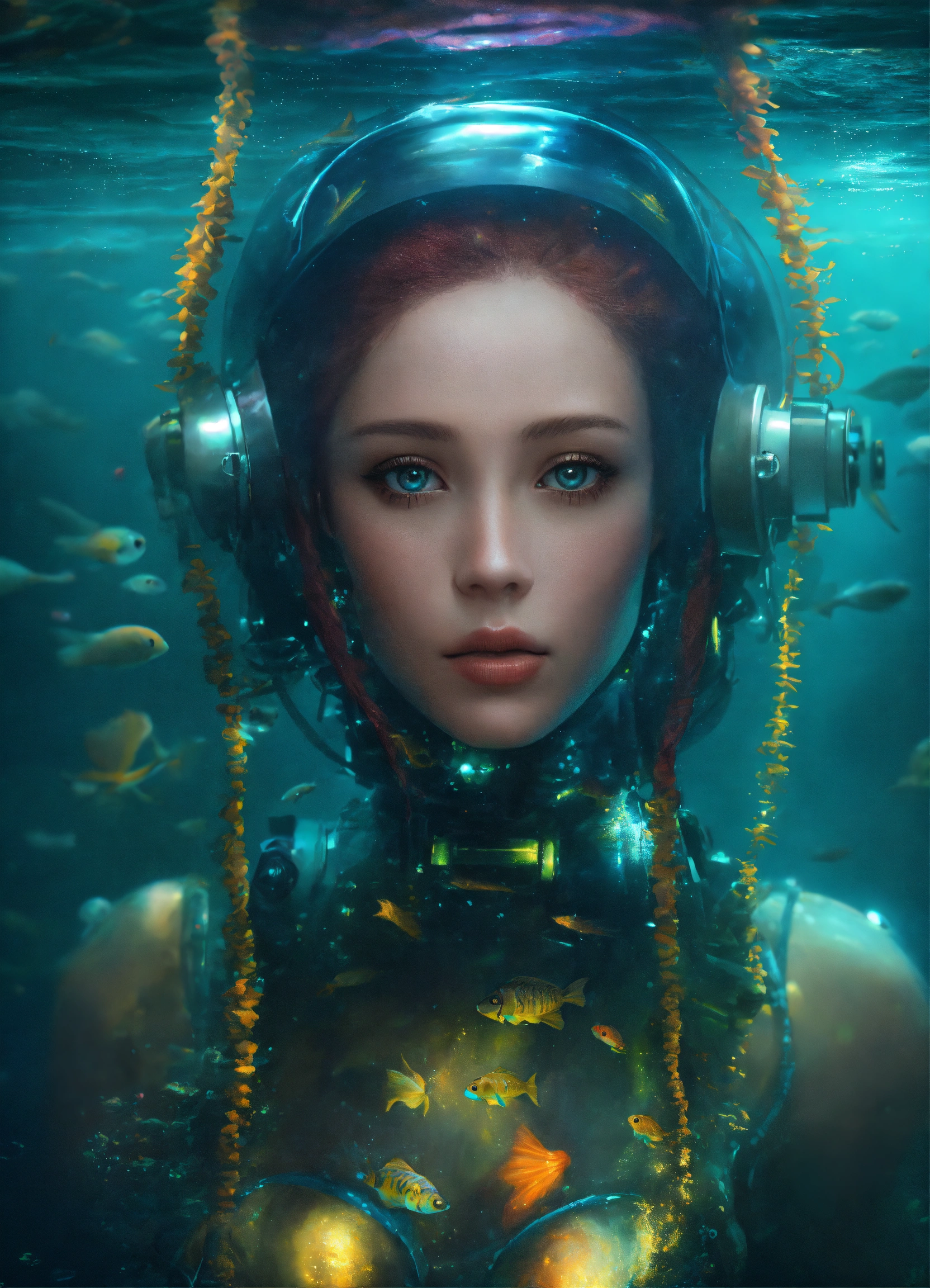 Lexica - A robot mermaid, in the bottom of the sea, dark light , whit a ...