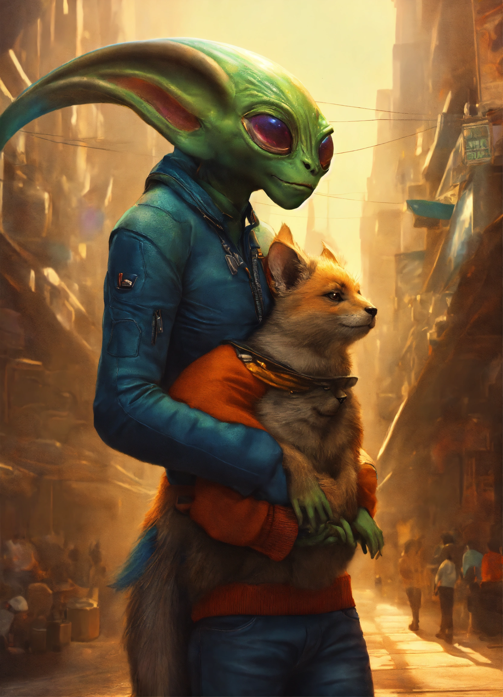 Lexica - Furry alien embracing a human male. photorealism