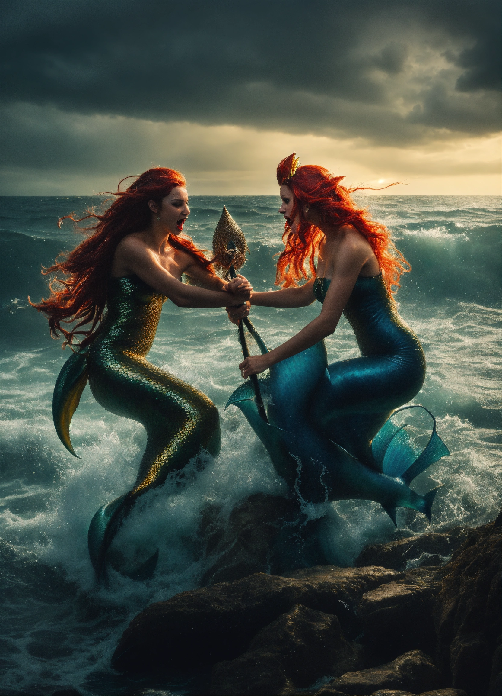 Lexica - Create a 4k detailed photo of two evil (mermaids) fighting with each other. dramatic ...