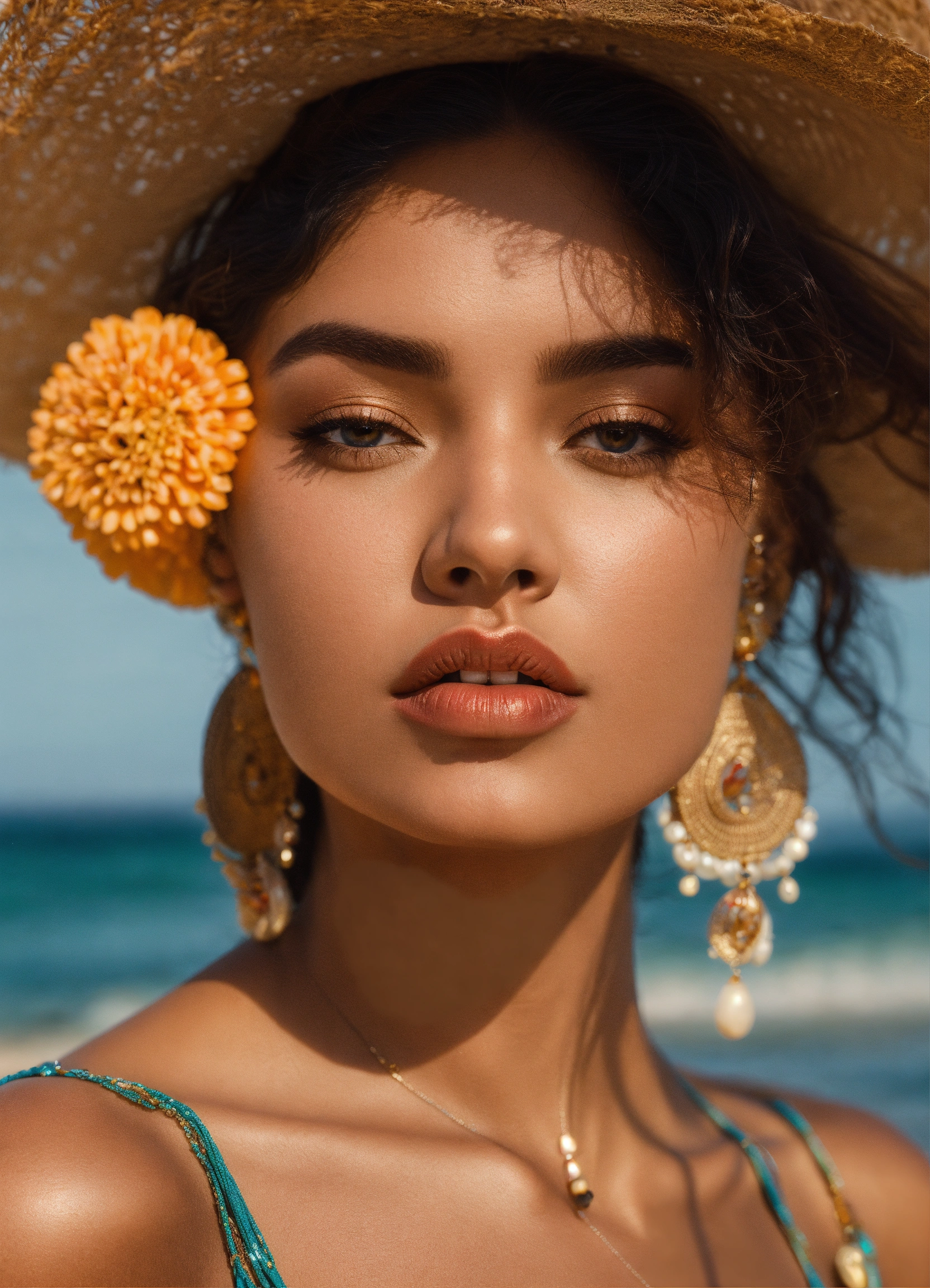 Lexica - A exotic high class model with luscious lips on a beach.