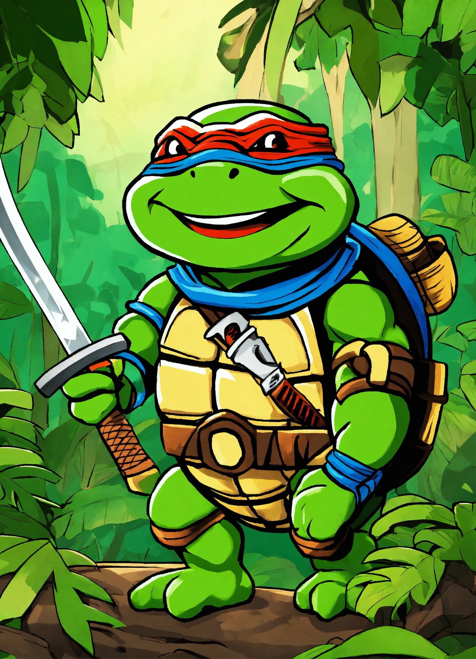Lexica - A smiley ninja turtle with a katana in the hand and a jungle ...