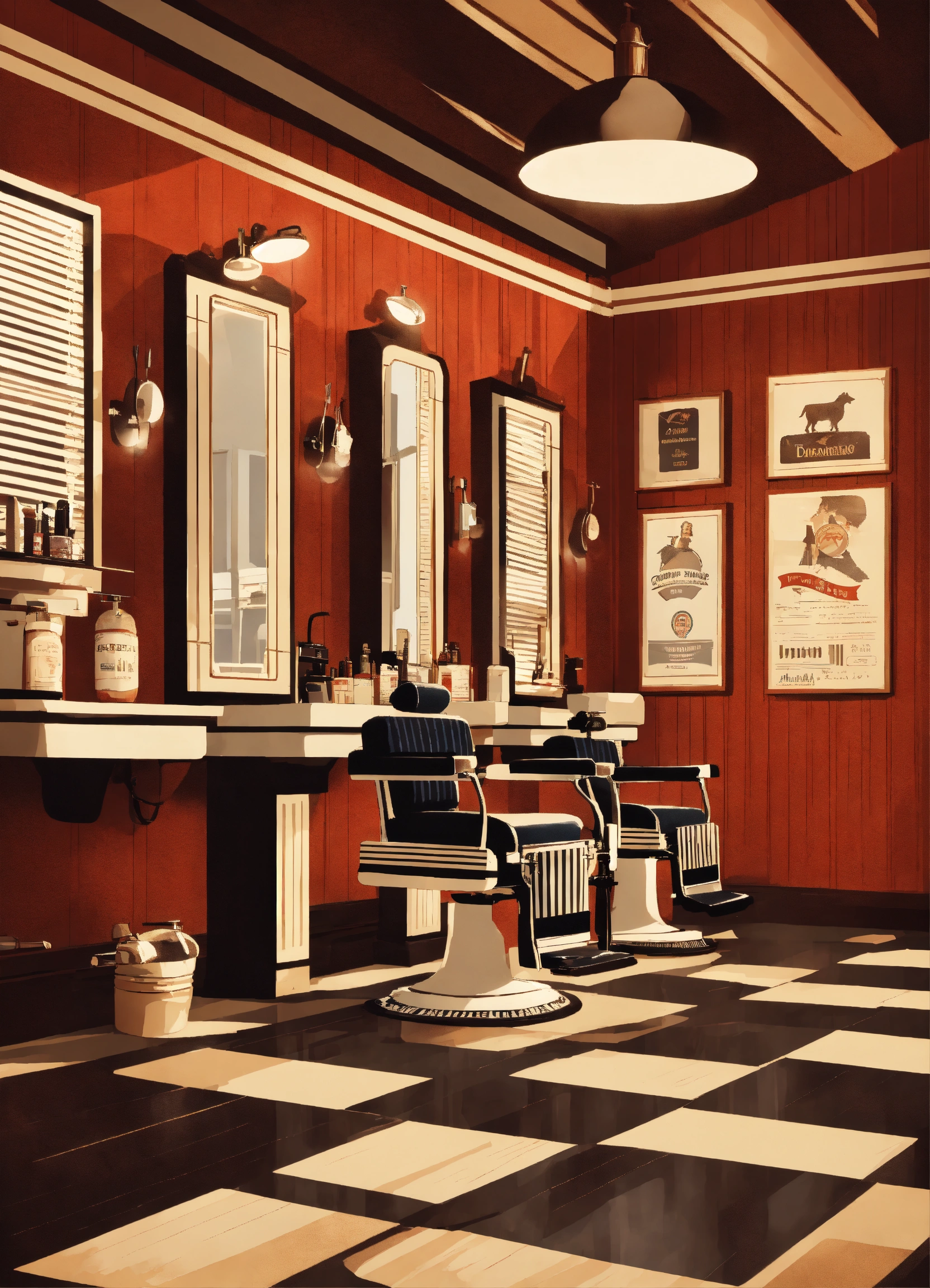 Lexica - A retro-style barbershop with striped barber poles, vintage ...