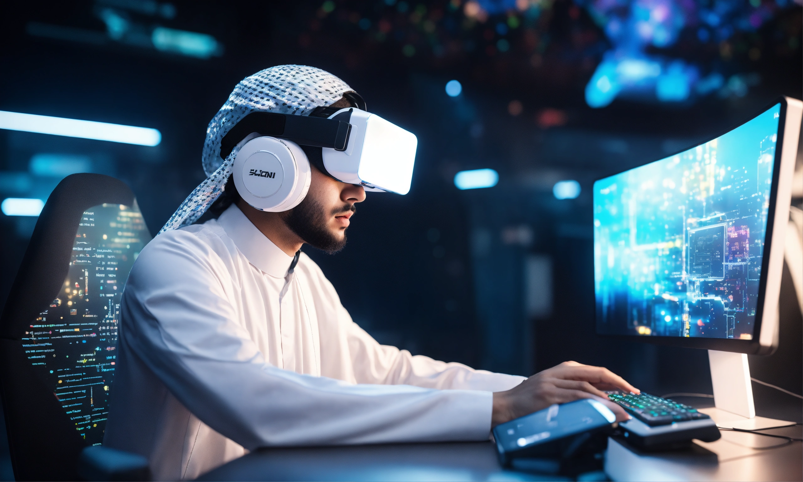 Lexica - Saudi youth male, augmented reality head gear, 3D hologram ...