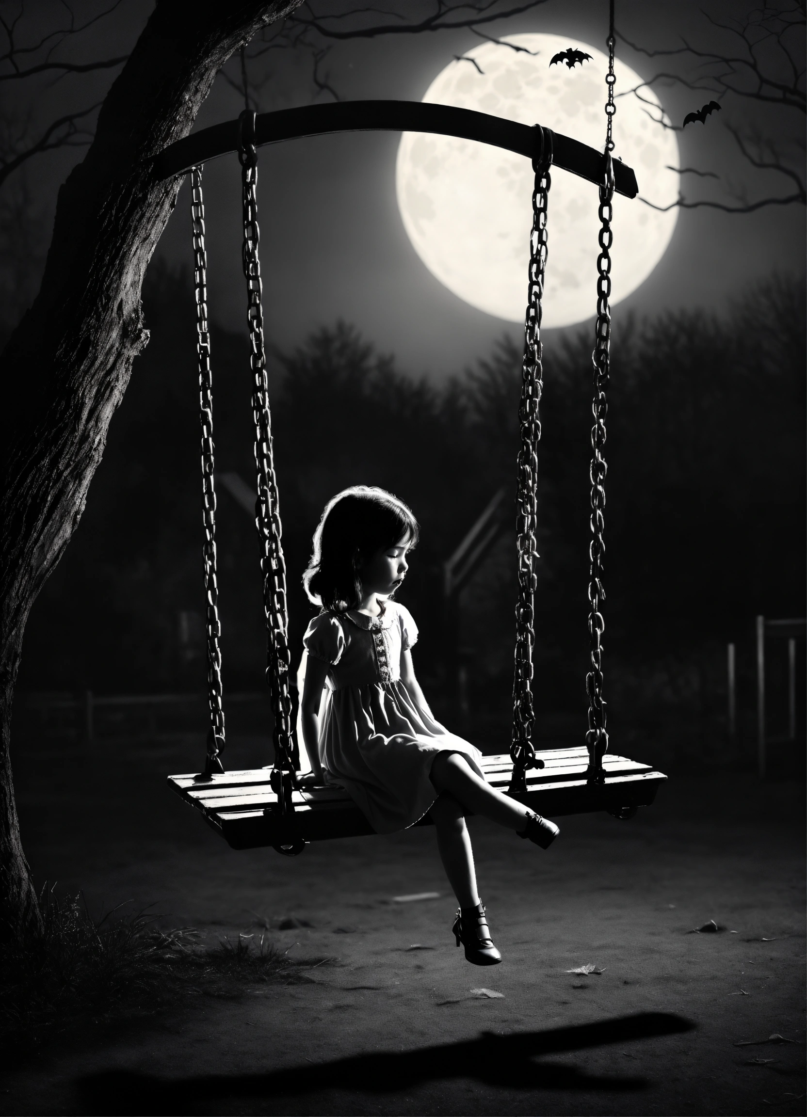 Lexica - Photorealistic, black and white, deep night, dark playground ...